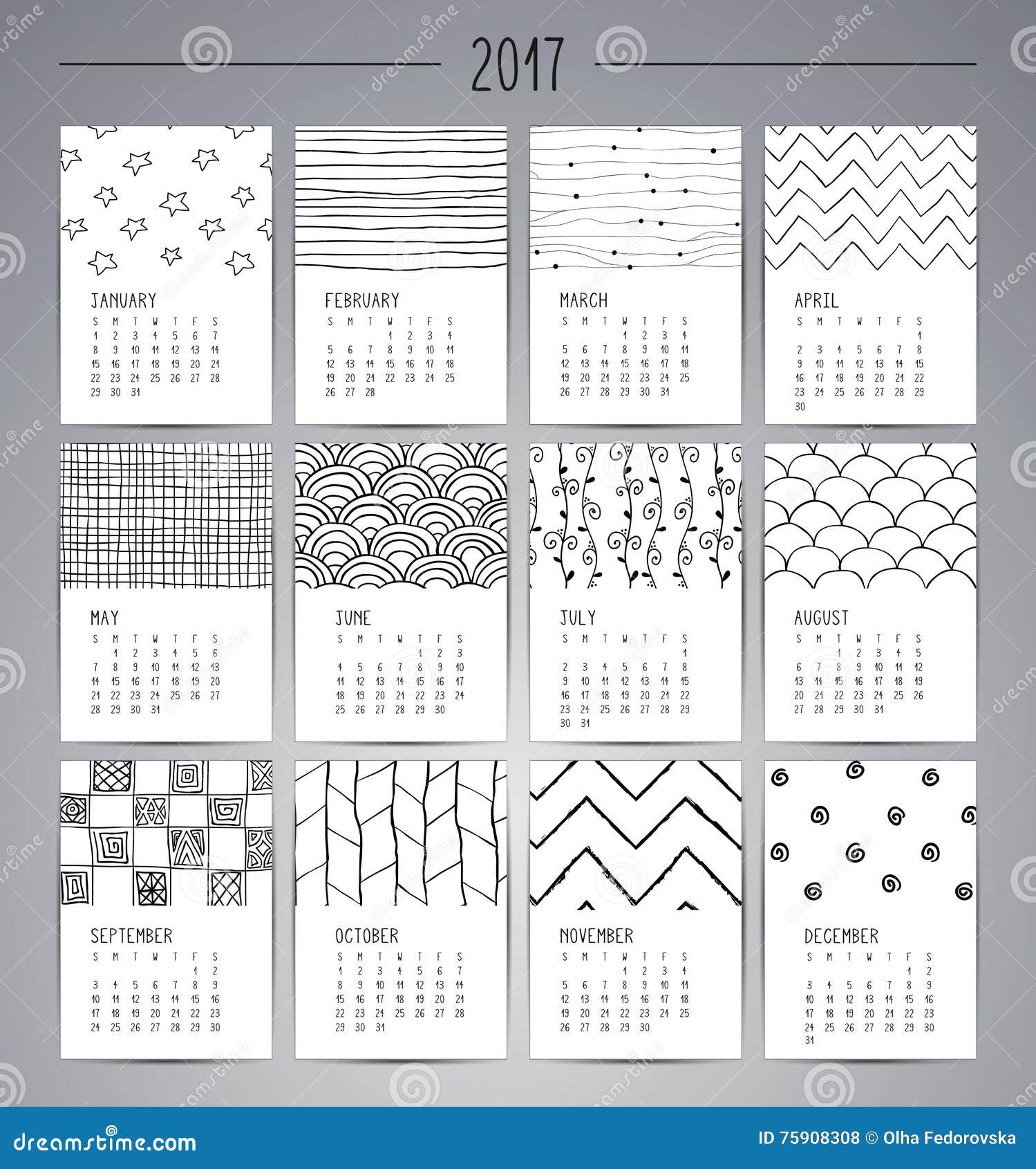 Calendar 2017. Templates with Hand Drawn Patterns Stock Vector ...