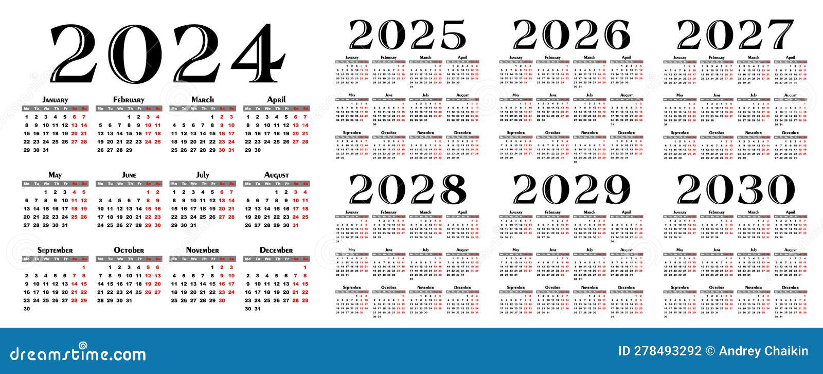 Calendar Templates for a Year 2024 - 2030. Stock Illustration ...