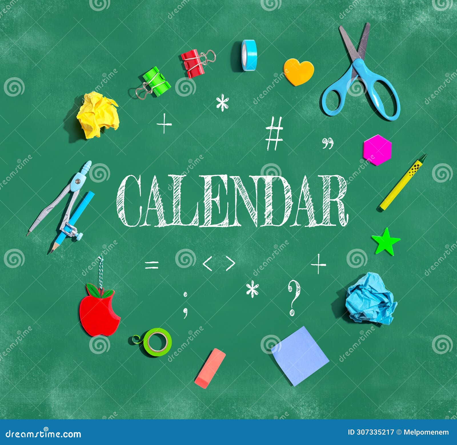 Calendar Theme with School Supplies on a Chalkboard Stock Image - Image ...