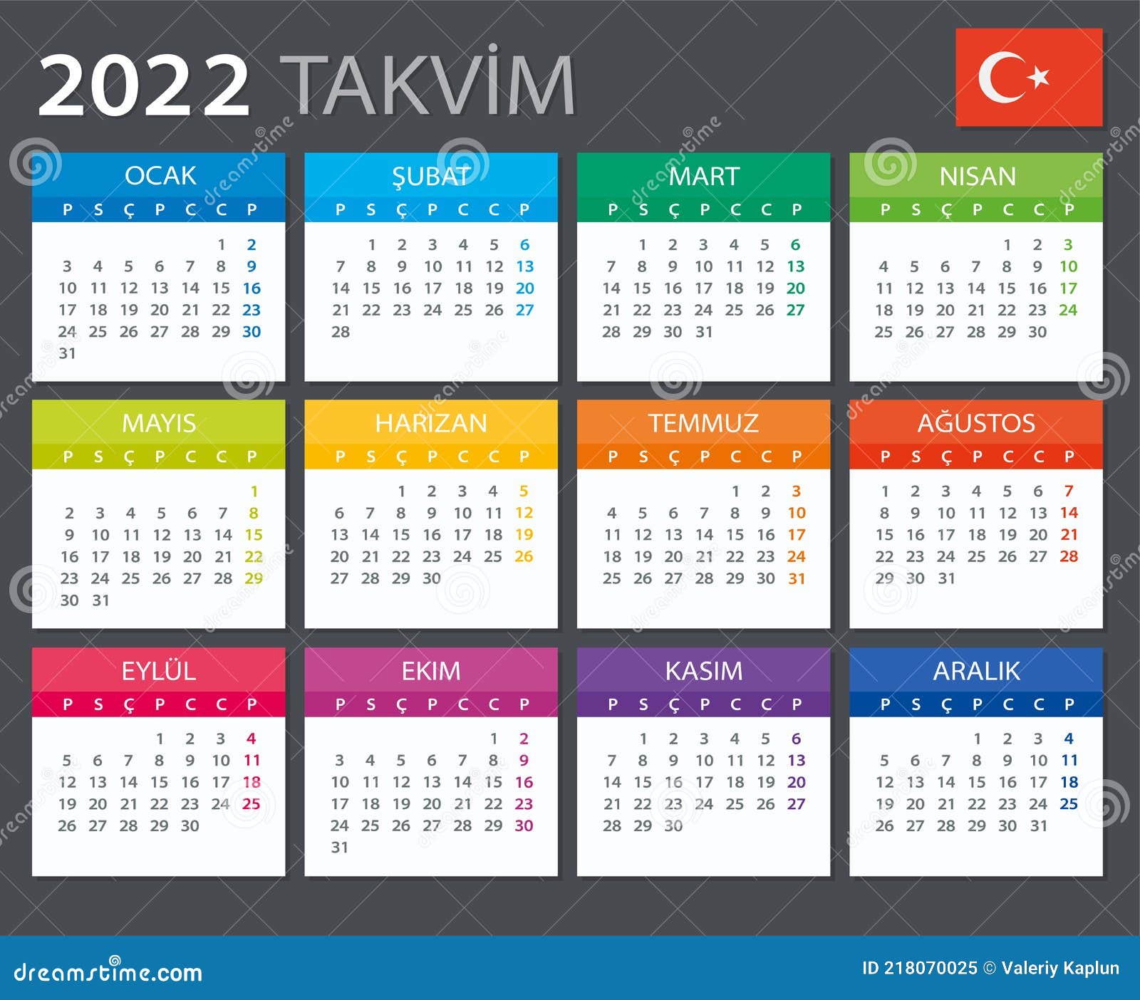 2022 Calendar Turkish - Vector Illustration. Turkish Version Stock ...
