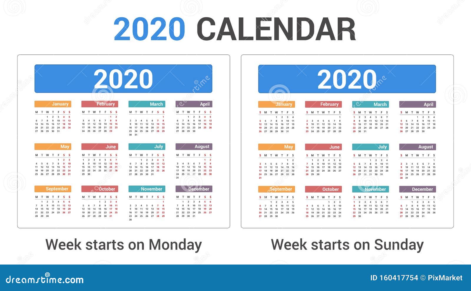 2020 Calendar stock vector. Illustration of agenda, date - 160417754