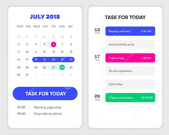 Calendar UI Element. Calendar App with To Do List and Tasks UI UX Design for Mobile Phone Stock ...