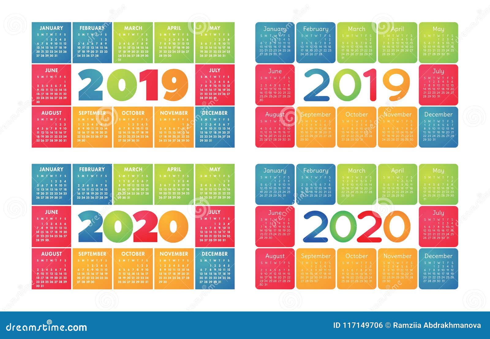 Calendar 2019 and 2020 Vector Basic Grid. Colorful Design Stock ...
