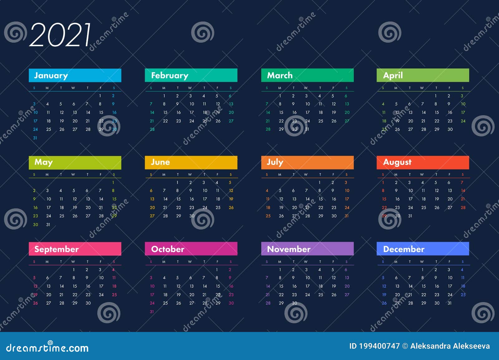 Calendar 2021 Vector Basic Grid. Basic Design Template Stock Vector ...