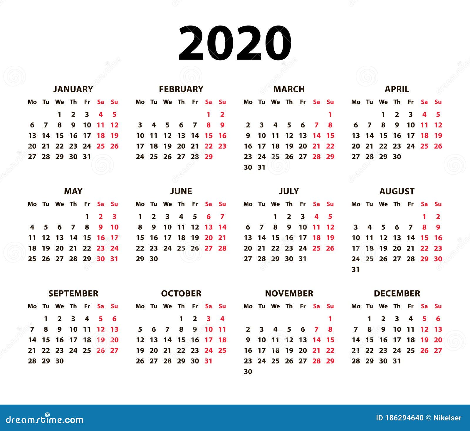 Calendar 2020 Vector Basic Grid. Simple Design Template. Black and ...