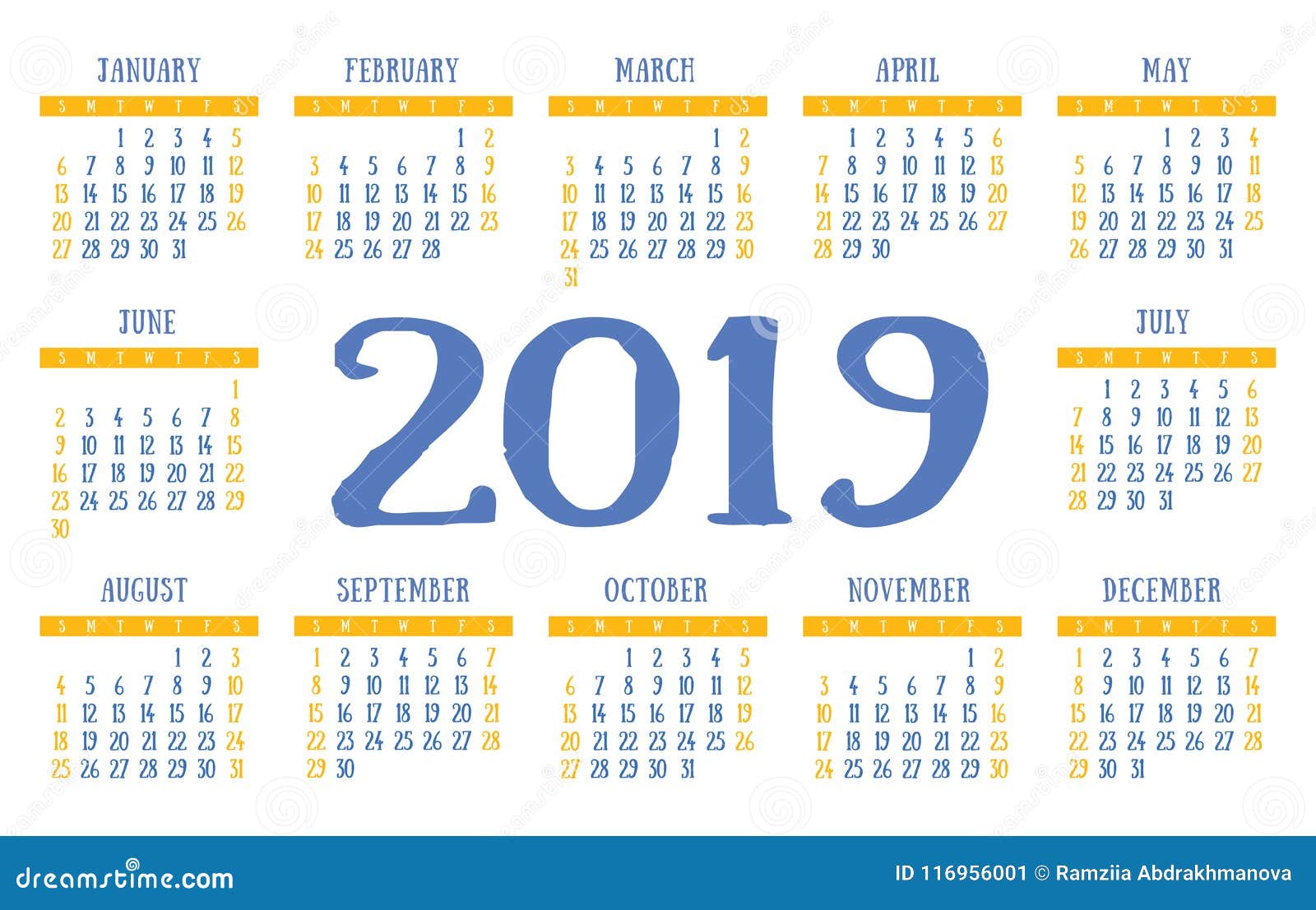 Calendar 2019 Vector Basic Grid. Simple Design Template Stock ...