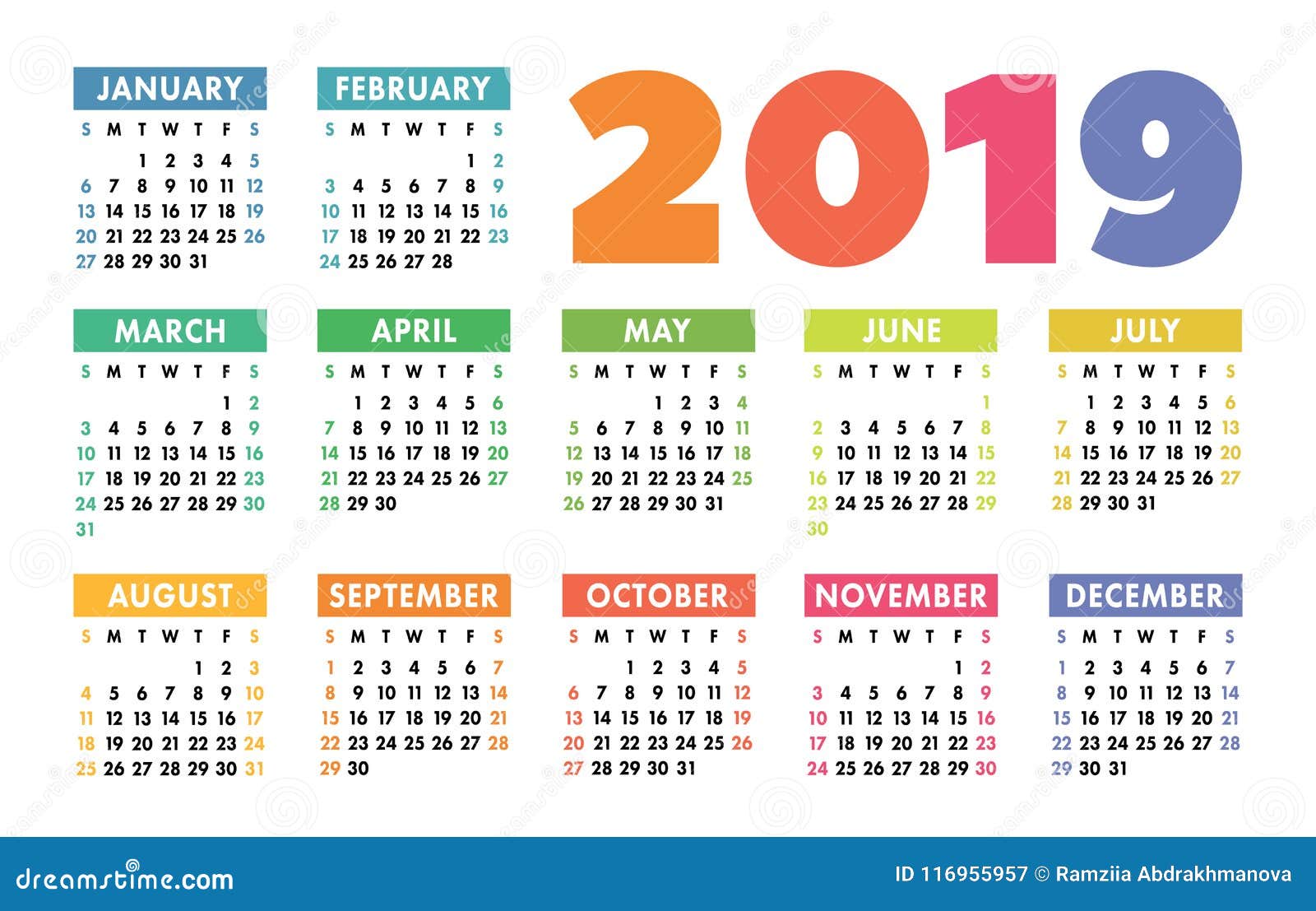 Calendar 2019 Vector Basic Grid. Simple Design Template Stock ...