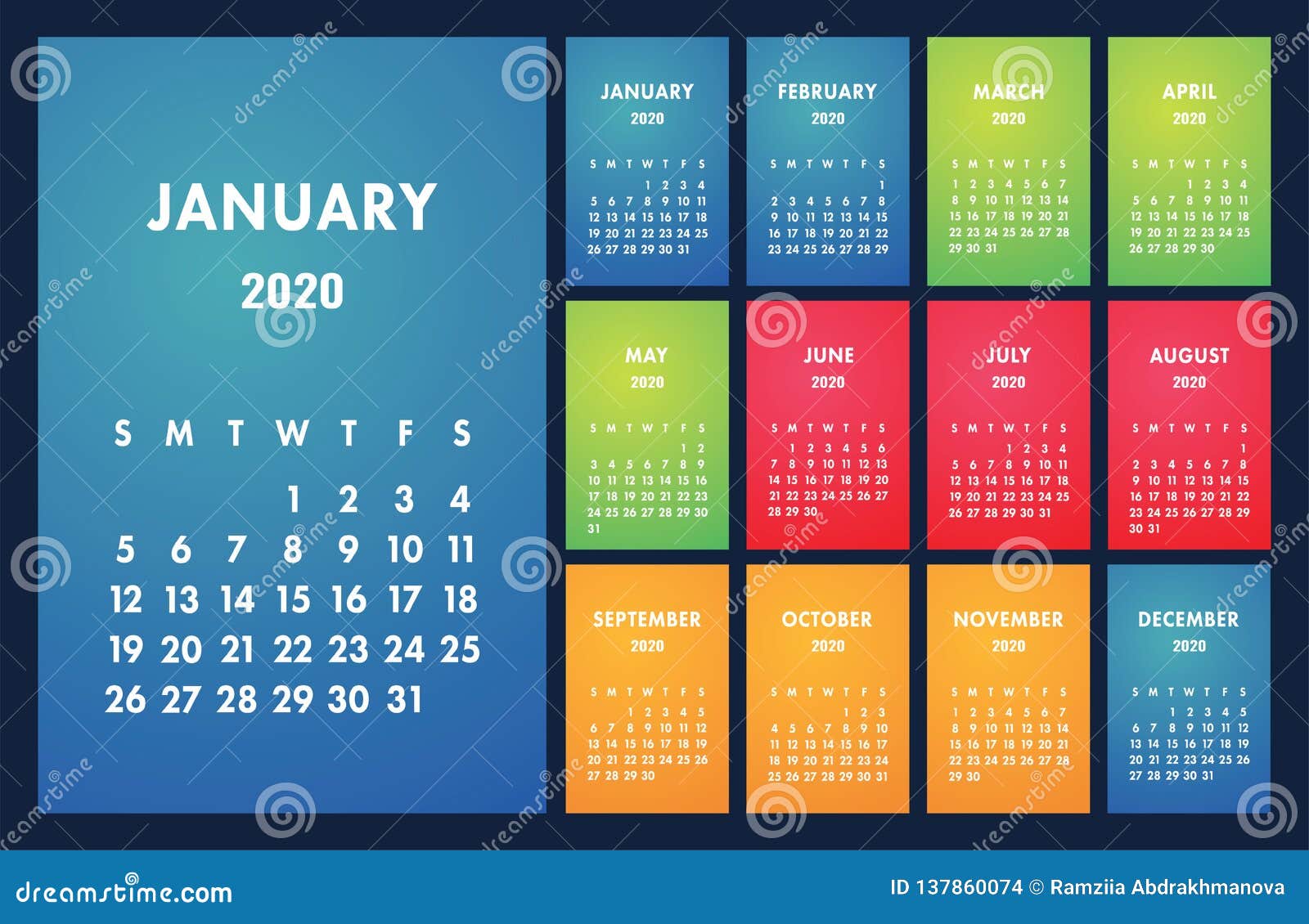 Calendar 2020 Vector Basic Grid. Simple Design Template Stock Vector ...