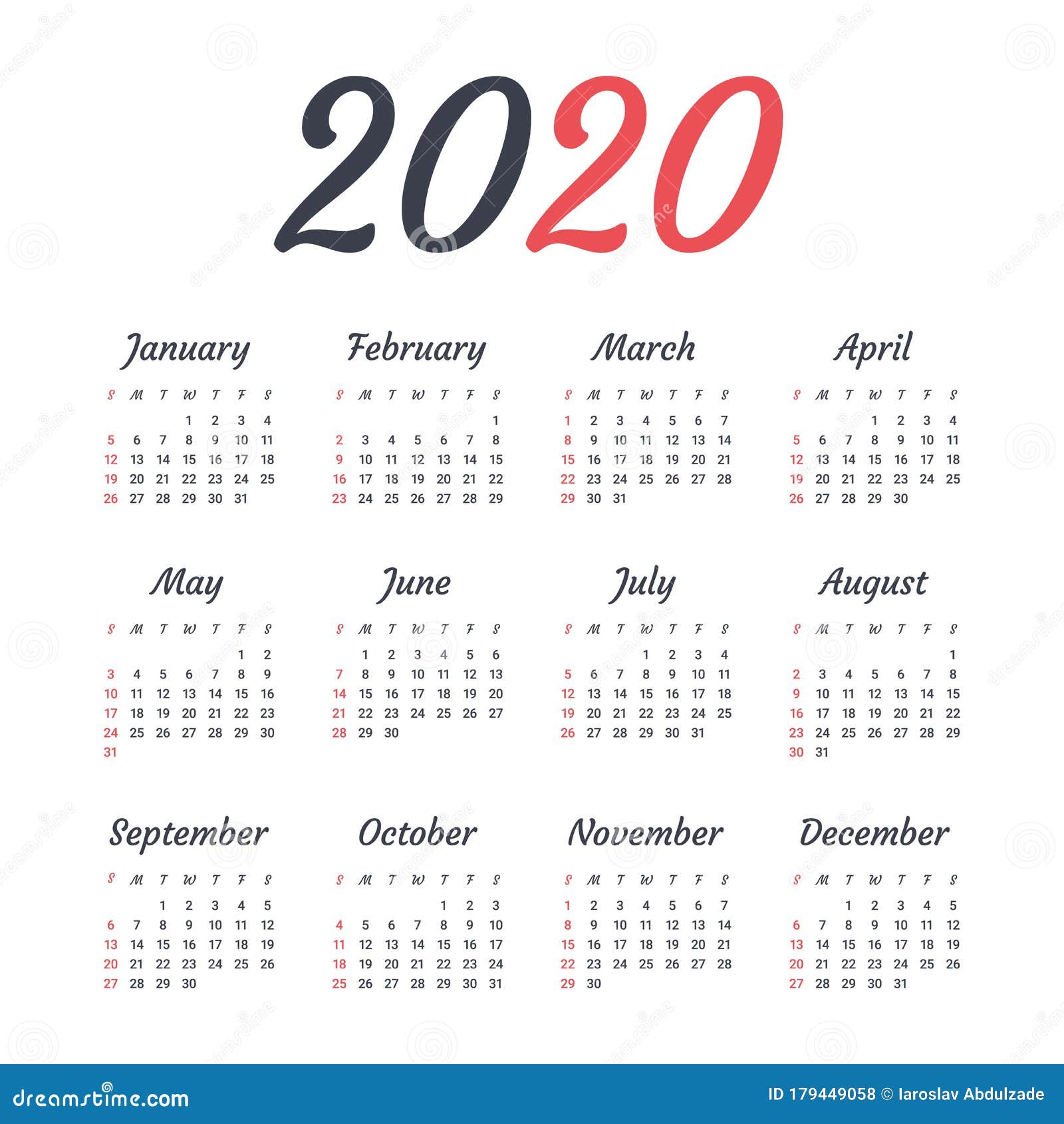 Calendar 2020 Vector Basic Grid. Simple Design Template Stock Vector ...