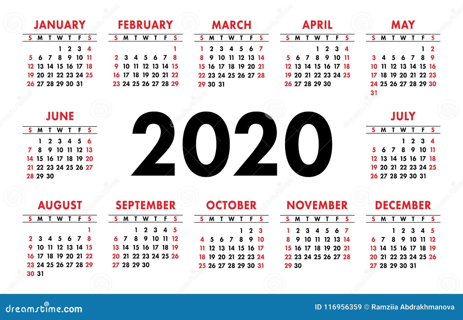 Calendar 2020 Vector Basic Grid. Simple Design Template Stock ...