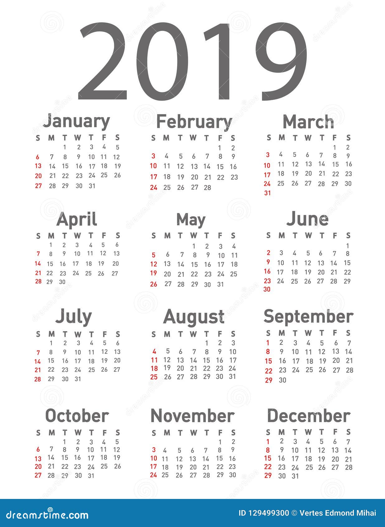 Calendar for 2019 vector stock vector. Illustration of morning - 129499300