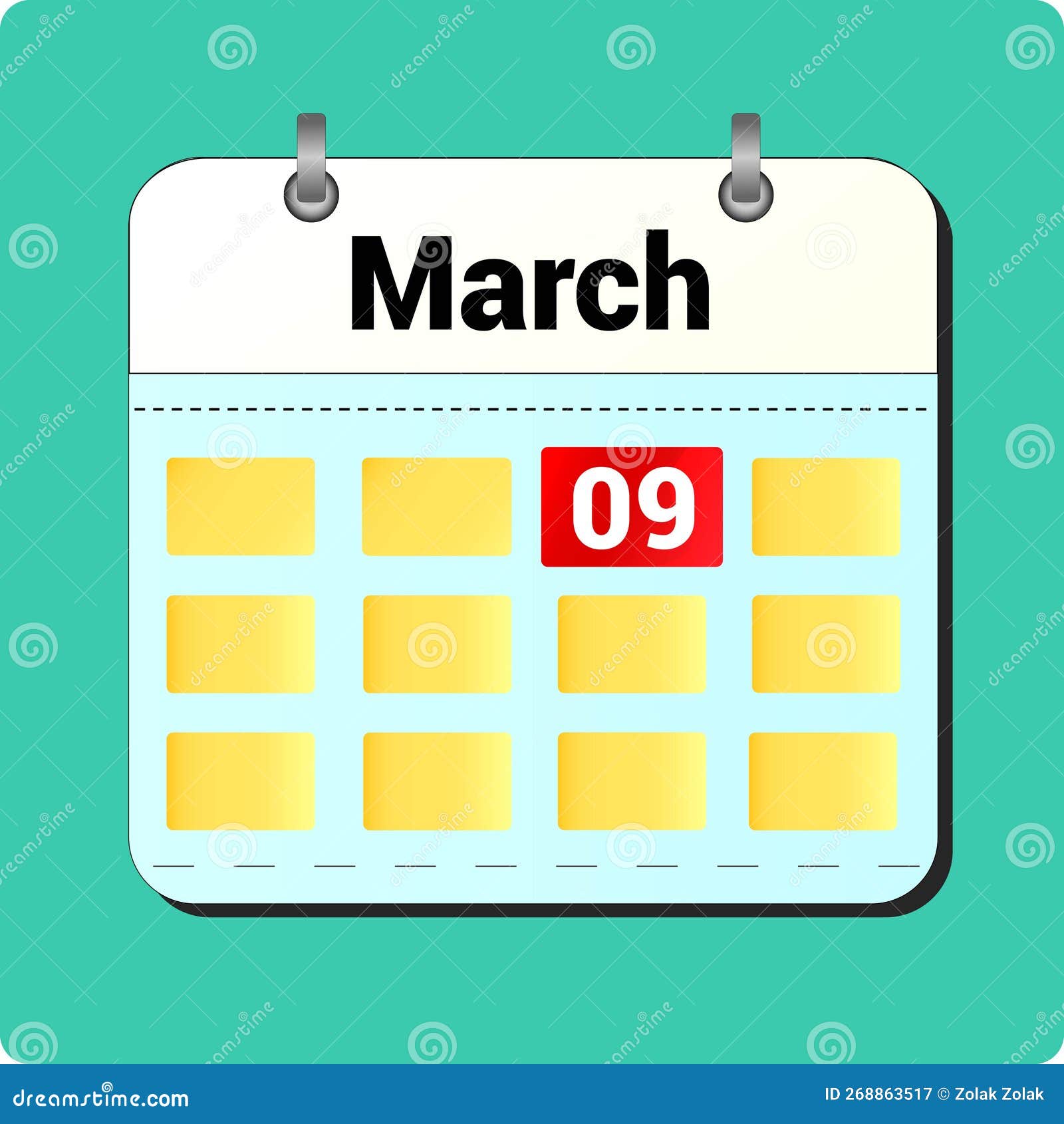 Calendar Vector Drawing, Date March 9 on the Page Stock Vector ...