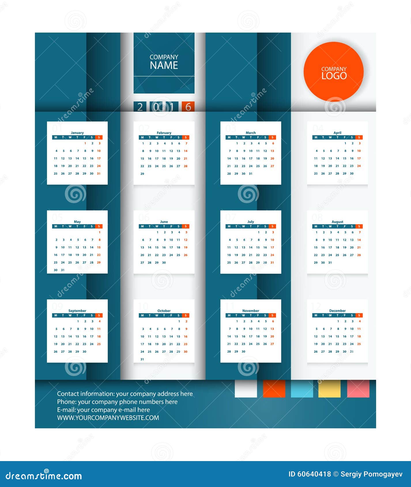 Calendar 2016 Vector Flat Design Template.Square Stylized Stock Vector ...
