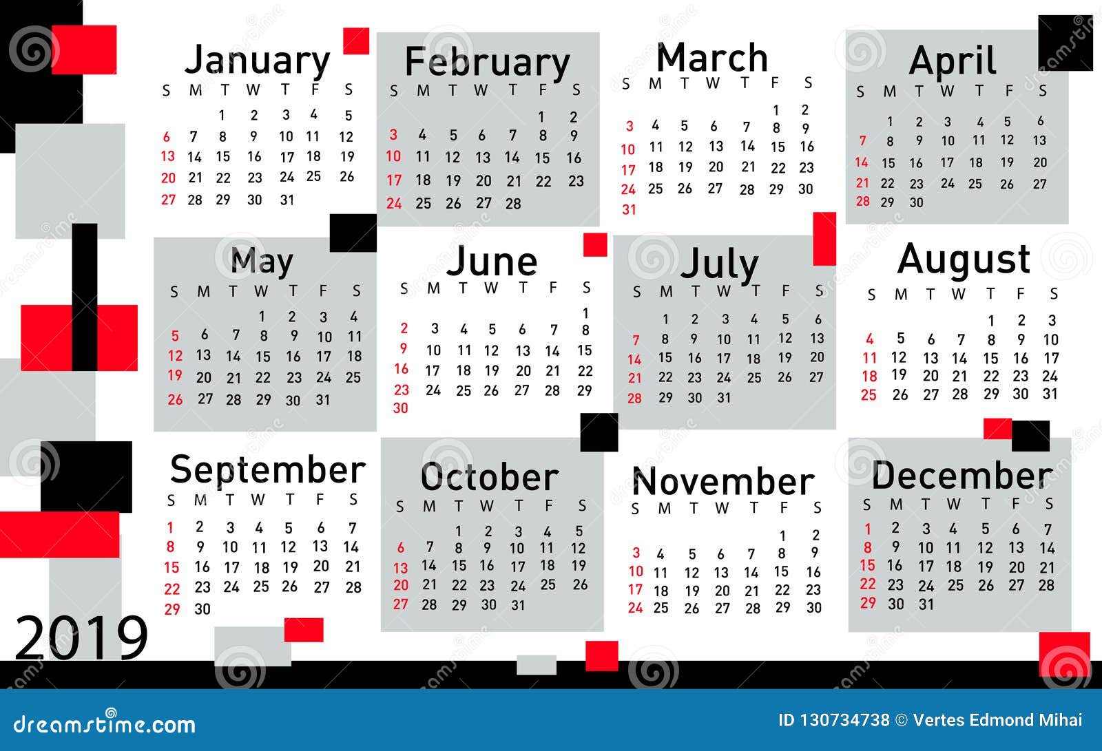Calendar for 2019 vector stock vector. Illustration of date - 130734738