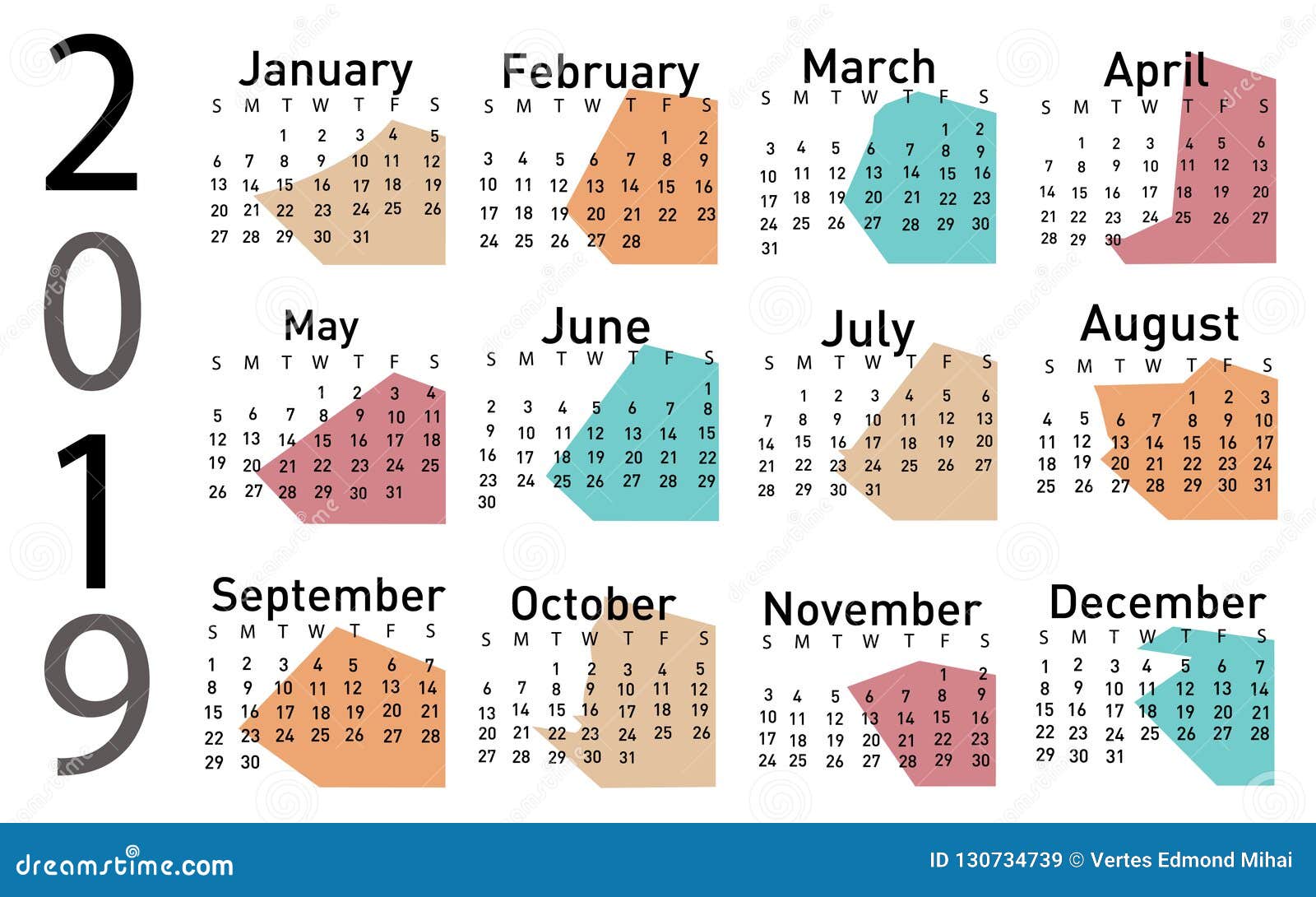 Calendar for 2019 vector stock vector. Illustration of april - 130734739