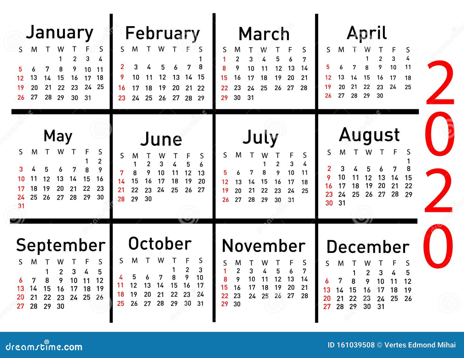 Calendar for 2020 Vector Illustration Stock Vector - Illustration of ...