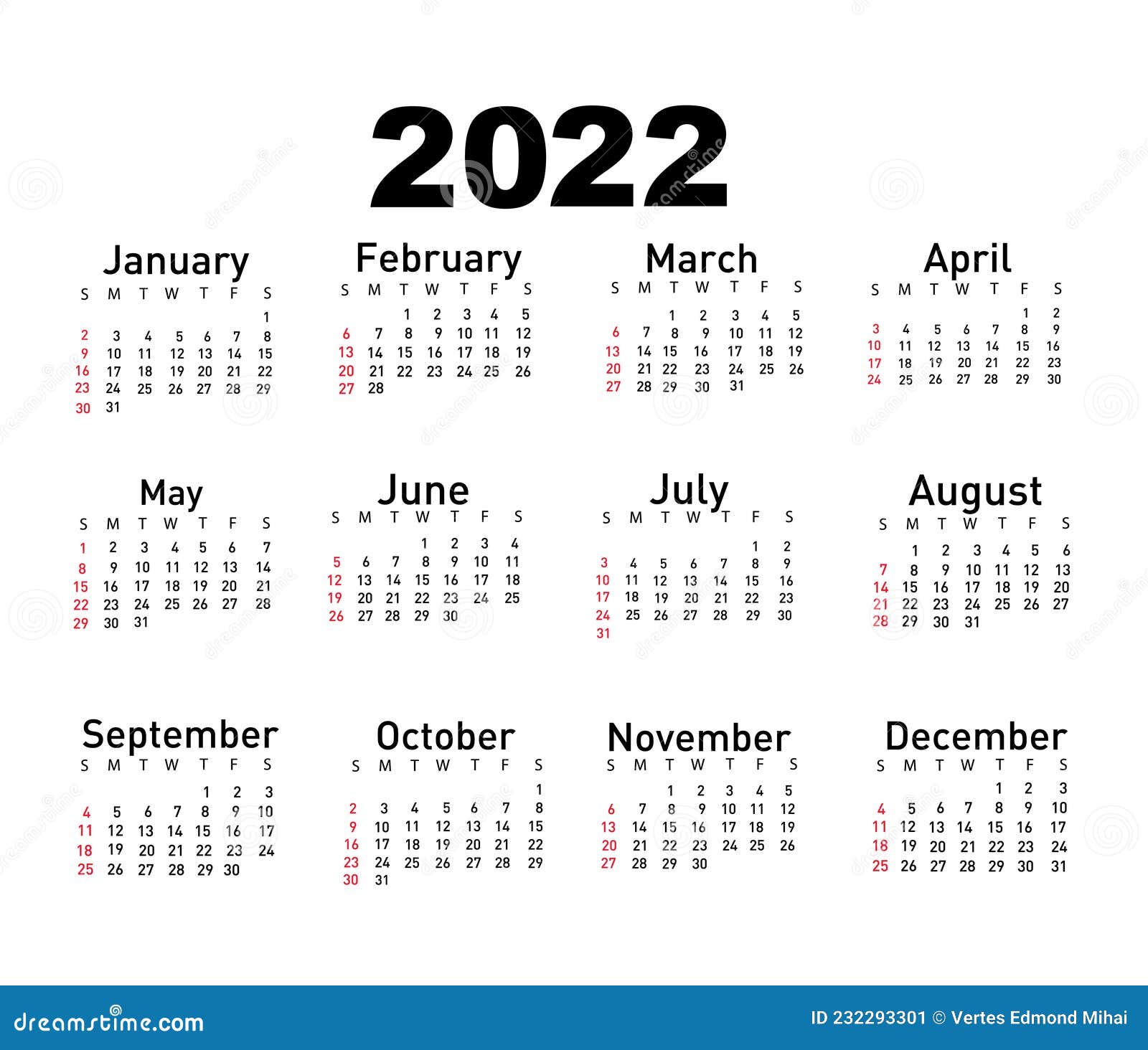 Calendar for 2022 Vector Illustration Stock Vector - Illustration of ...
