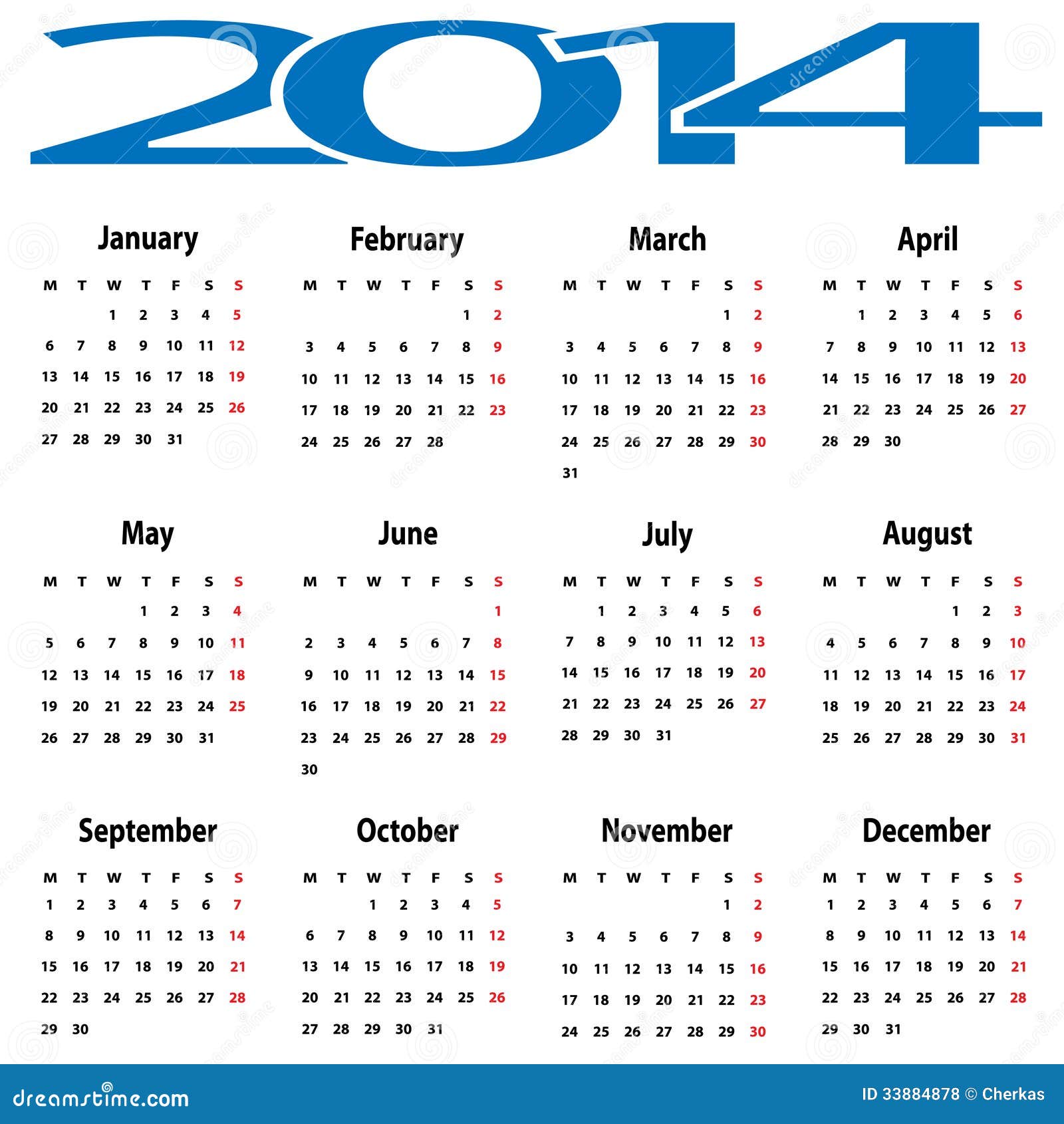 Calendar 2014. stock vector. Illustration of text, week - 33884878