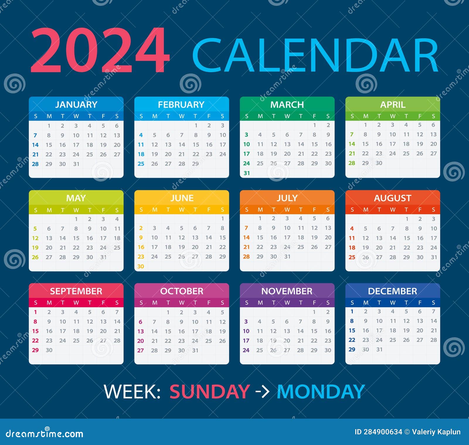 2024 Calendar - Vector Illustration, Sunday To Monday Stock Vector ...