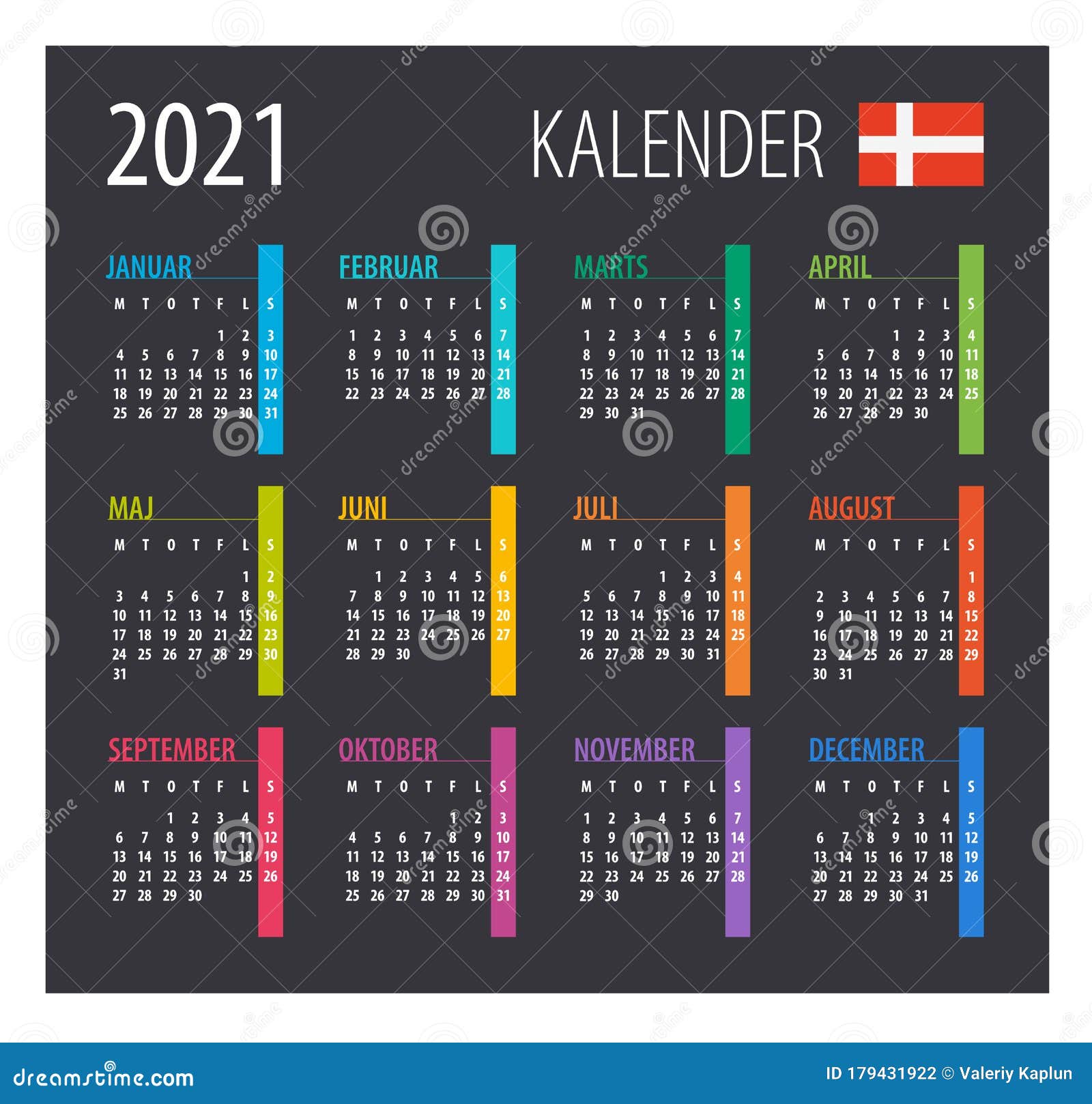 2021 Calendar - Vector Illustration. Template. Mock Up. Danish Version ...