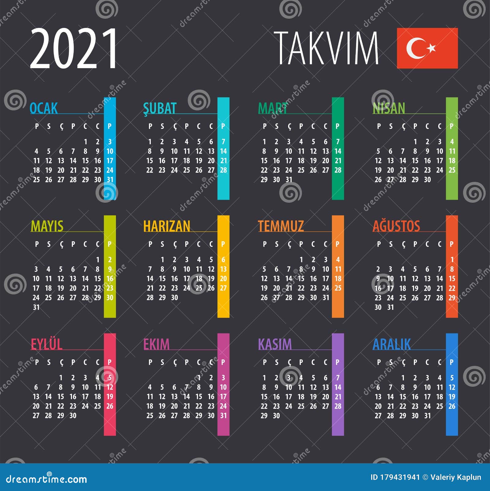 2021 Calendar - Vector Illustration. Template. Mock Up. Turkish Version ...