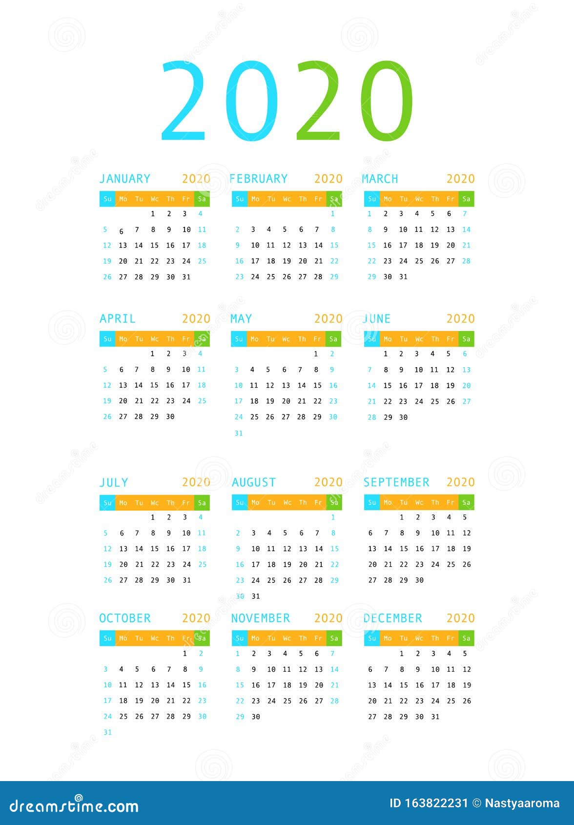 Calendar 2020 Vector Pocket Basic Grid. Stock Vector - Illustration of ...