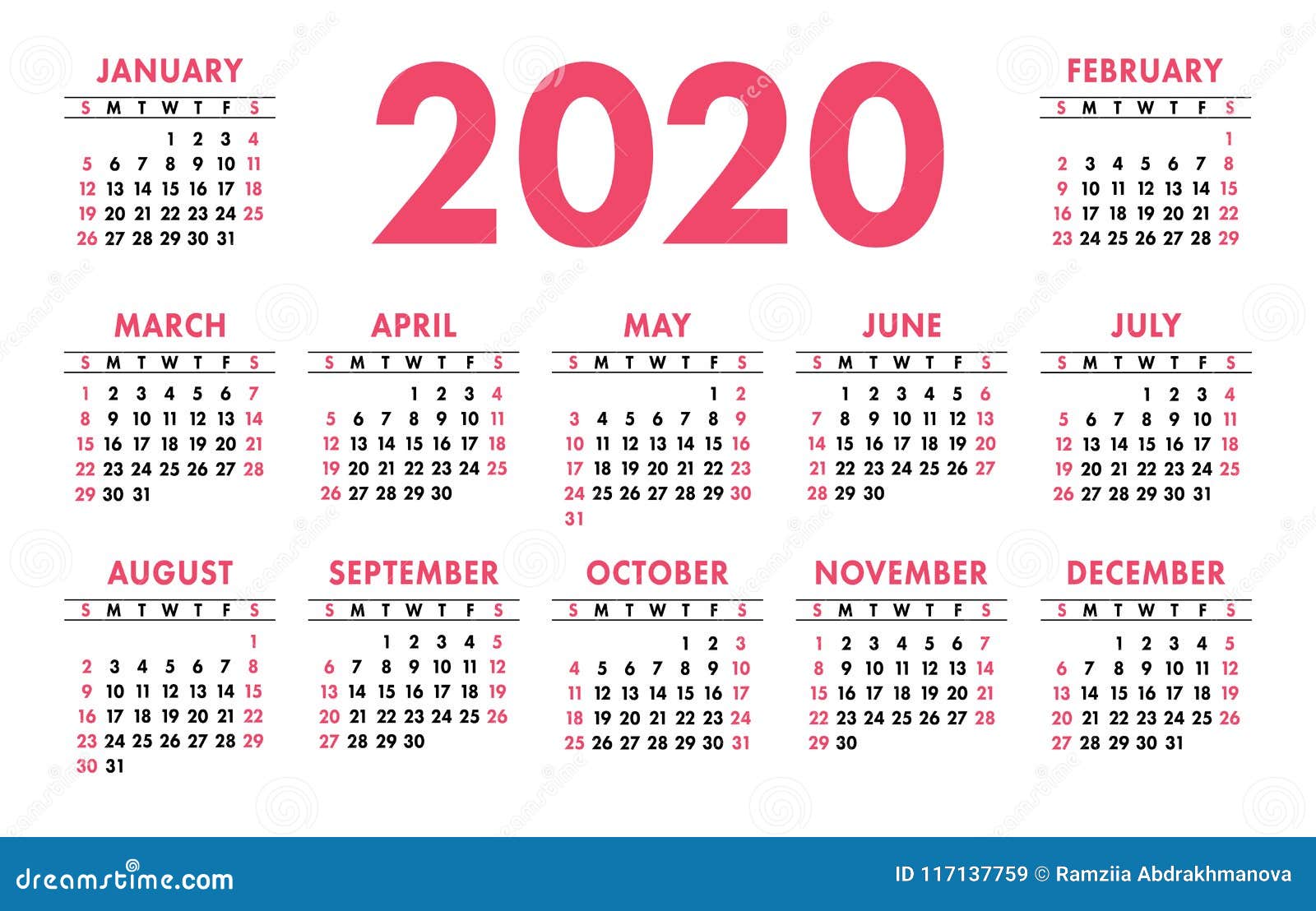 Calendar 2020 Vector Pocket Basic Grid. Simple Design Template Stock ...