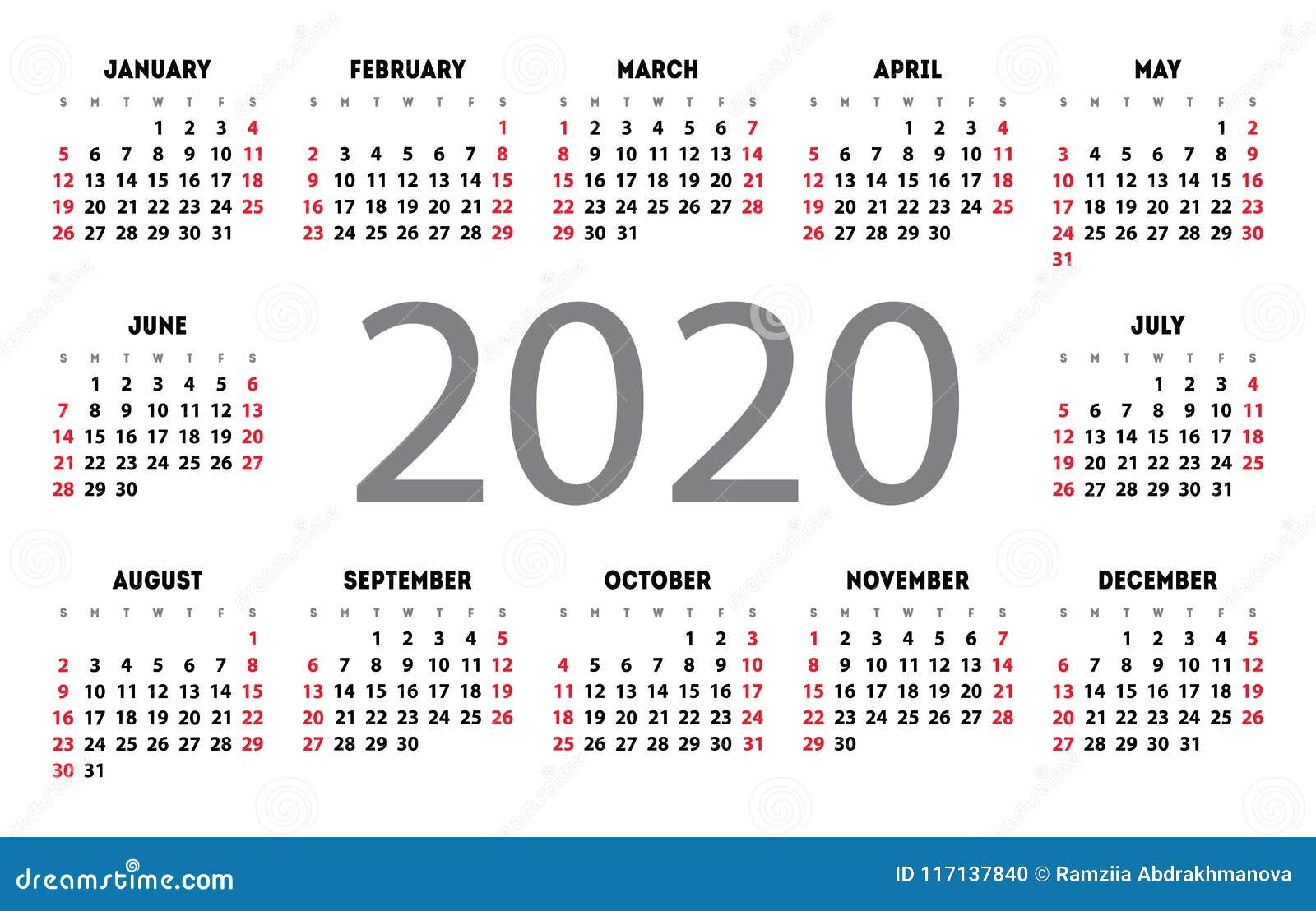 Calendar 2020 Vector Pocket Basic Grid. Simple Design Template Stock ...