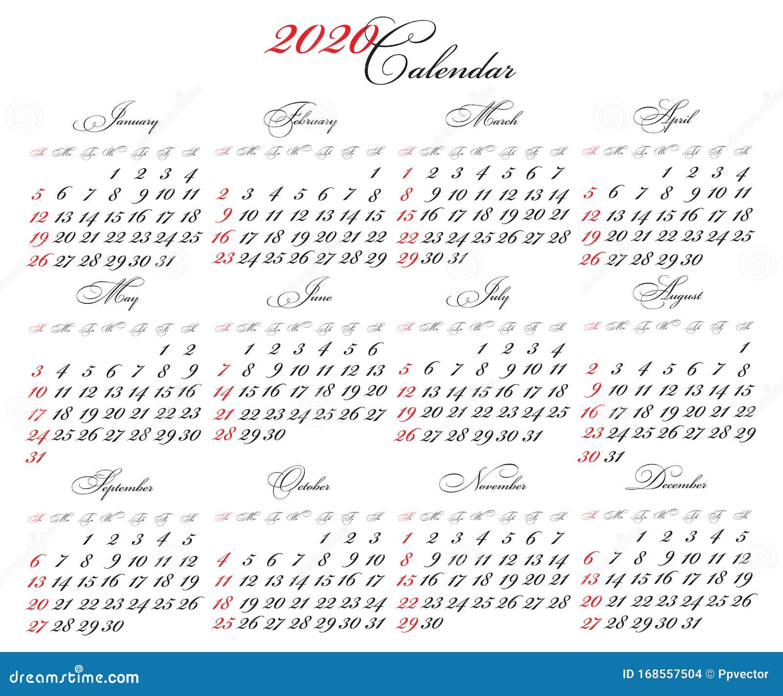 Calendar 2020 Vector Pocket Basic Grid. Simple Design Template. 2020 ...