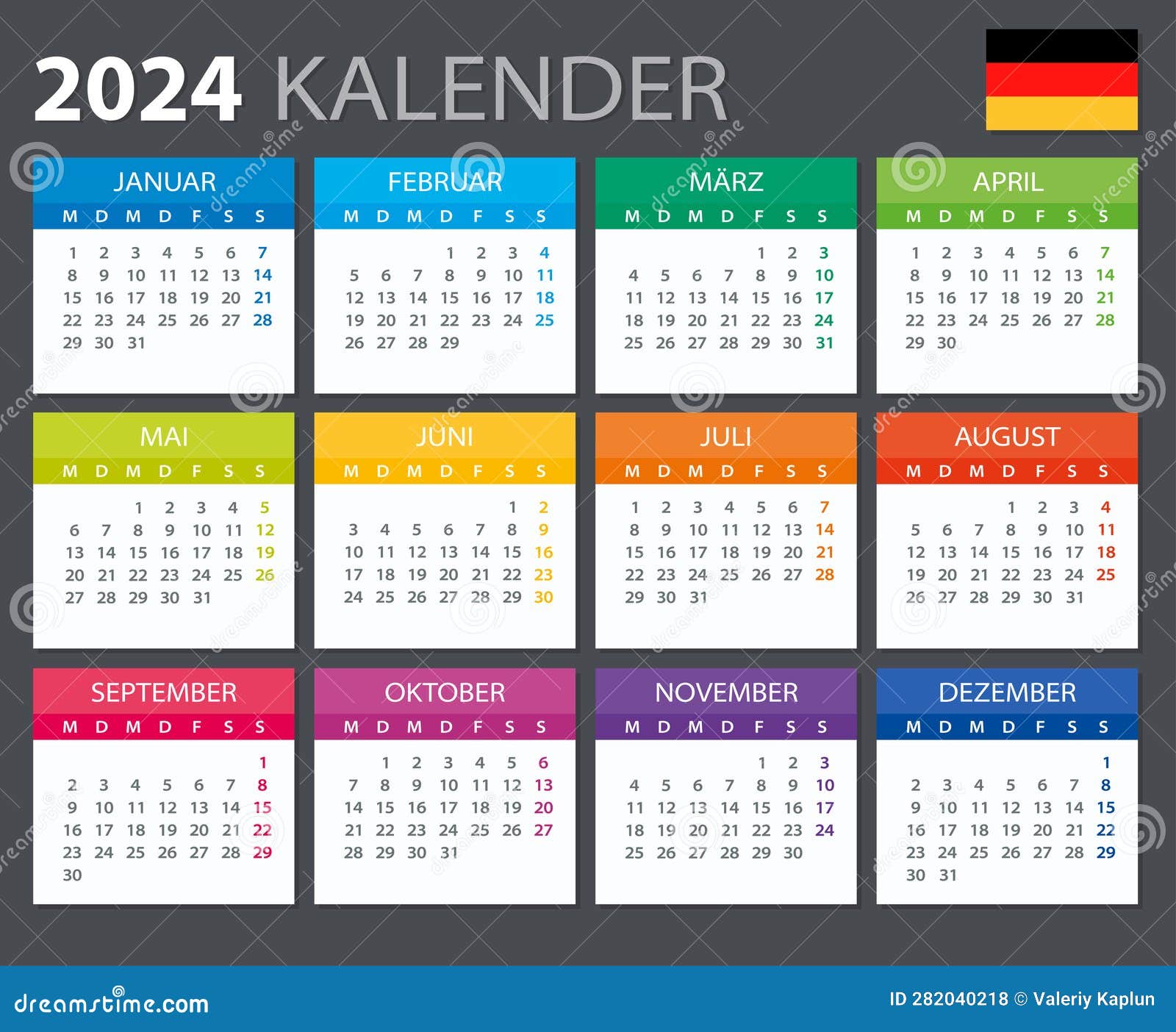 2024 Calendar - Vector Stock Illustration Template - German Version ...