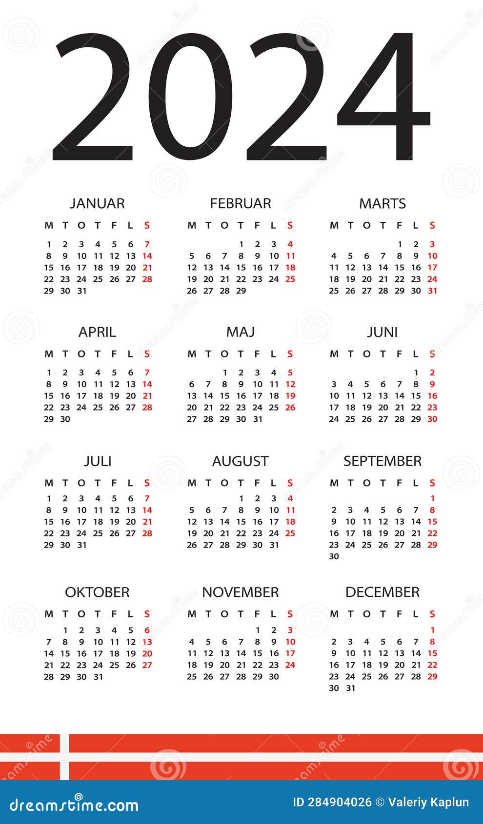 2024 Calendar - Vector Template Graphic Illustration - Danish Version ...