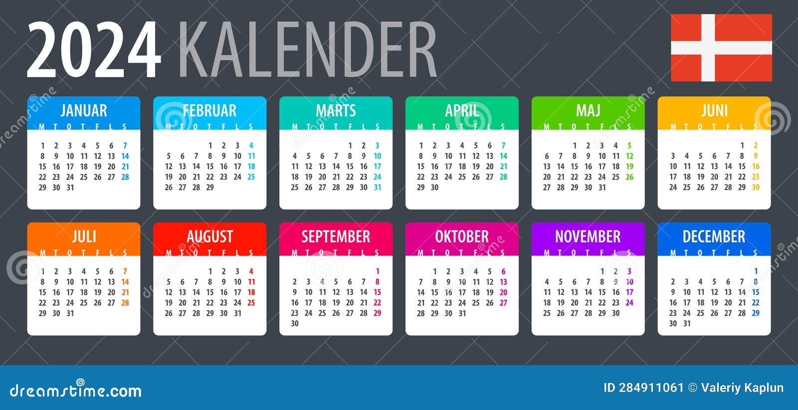 2024 Calendar - Vector Template Graphic Illustration - Danish Version ...