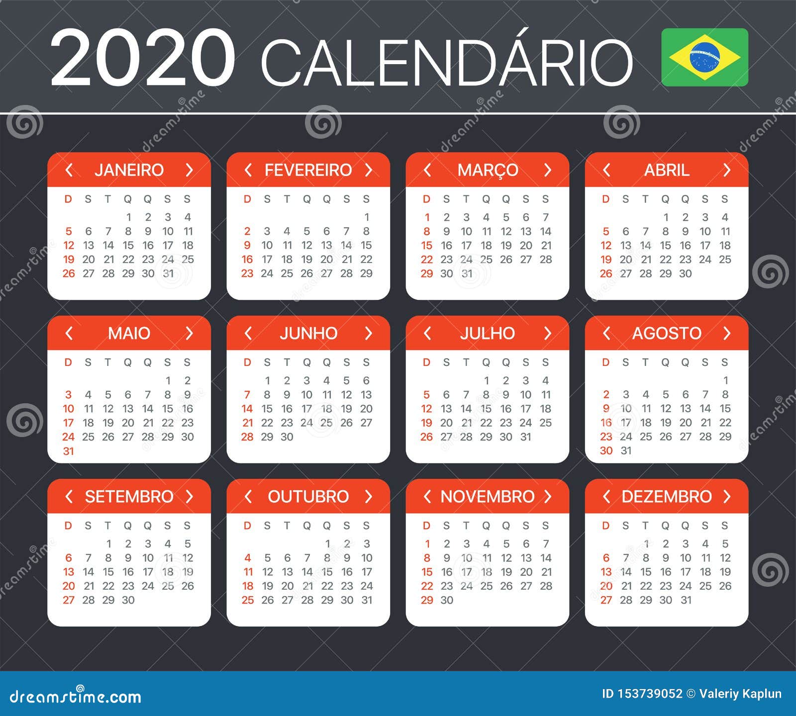 2020 Calendar - Vector Template Illustration - Brazilian Version Stock ...