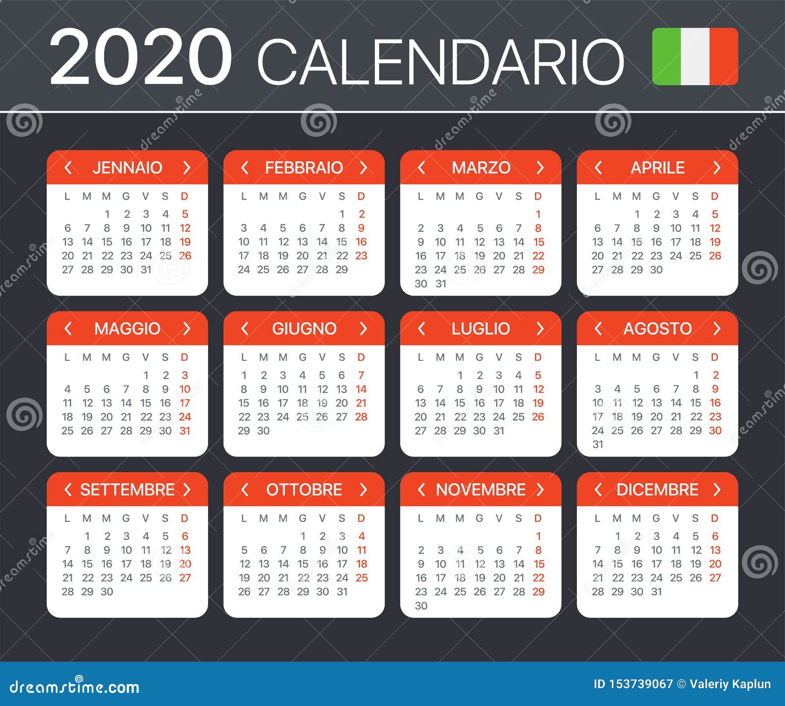 2020 Calendar - Vector Template Illustration - Italian Version Stock ...