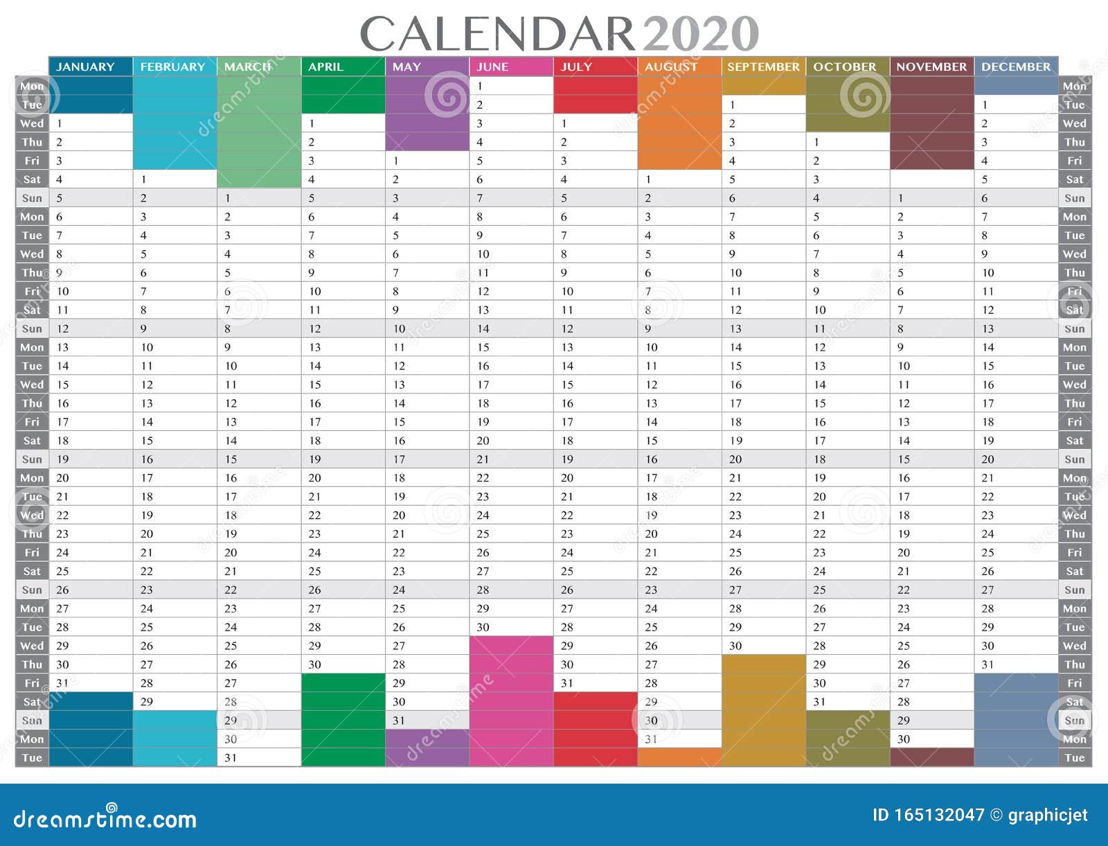 Calendar 2020 with Vertical Coloured Rows Stock Vector - Illustration ...