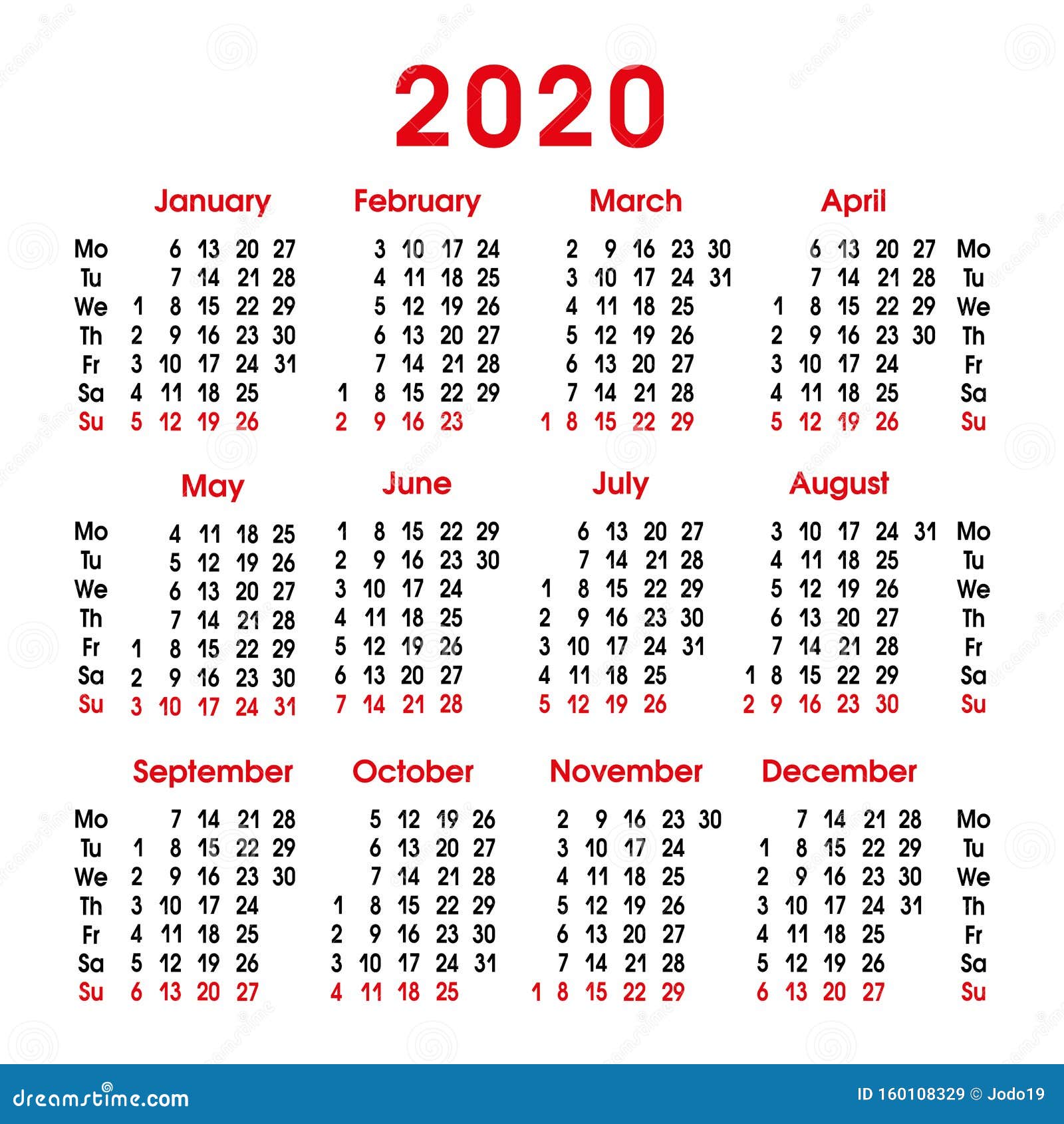 2020 Calendar. Vertical Grid Stock Vector - Illustration of saturday ...