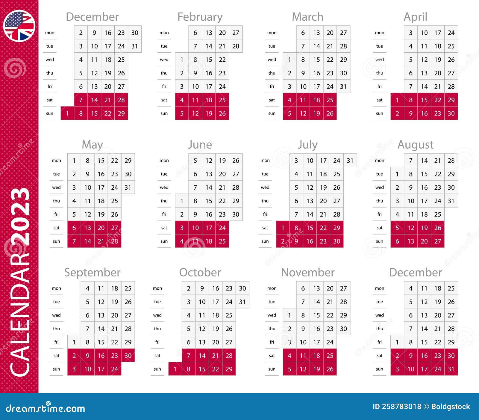 2023 Calendar with Vertical Grid. Vector Calendar Stock Vector ...