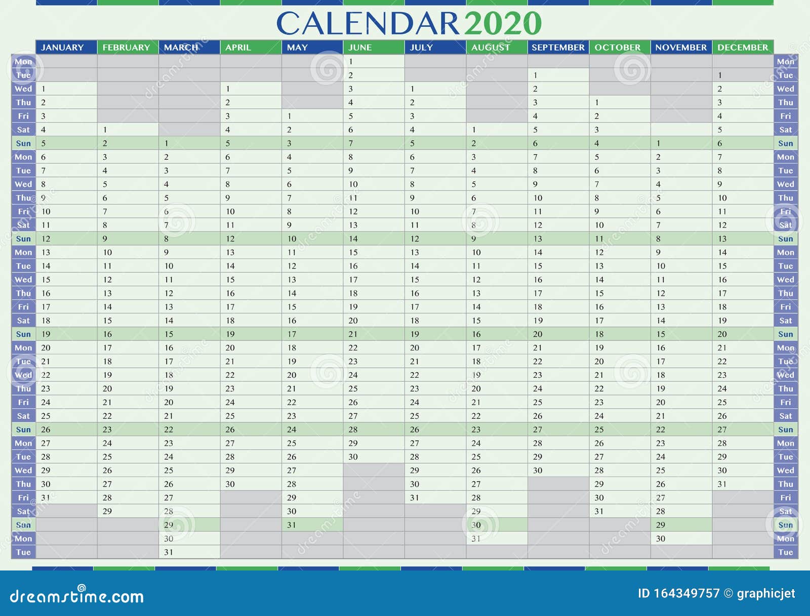 Calendar 2020 with Vertical Rows Stock Vector - Illustration of grey ...