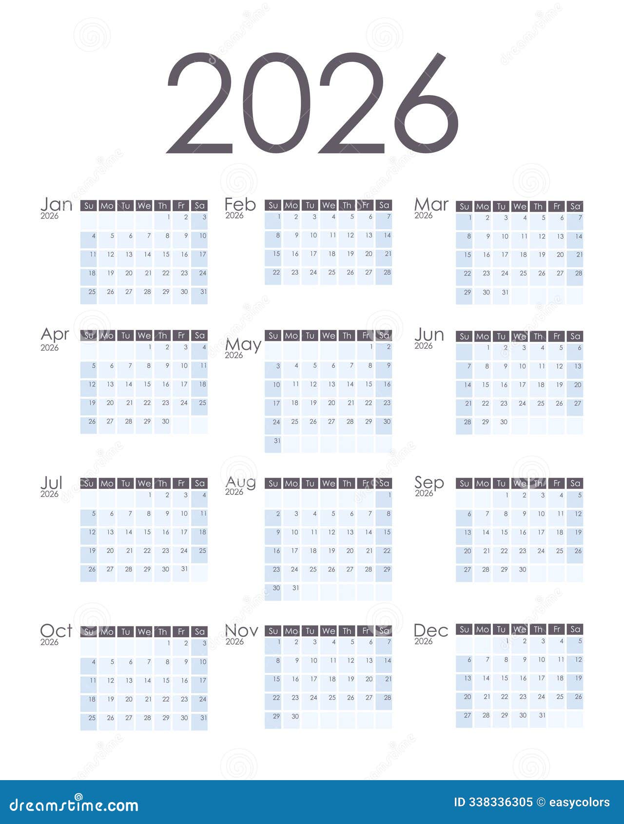 Calendar 2026 Vertical Week Begins on Sunday Stock Illustration ...