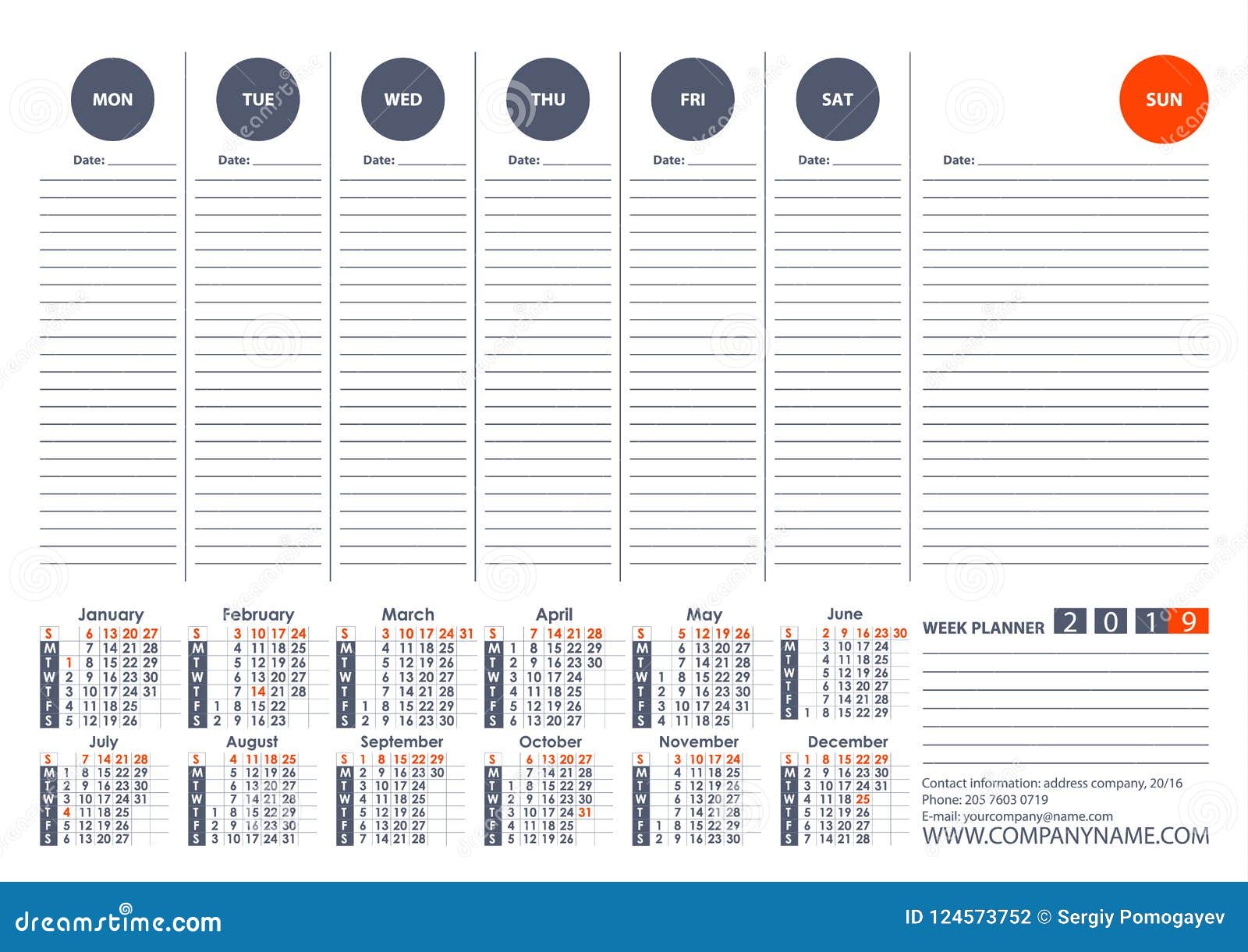 Calendar 2019 Week Planner Vector Design Template Stock Vector ...