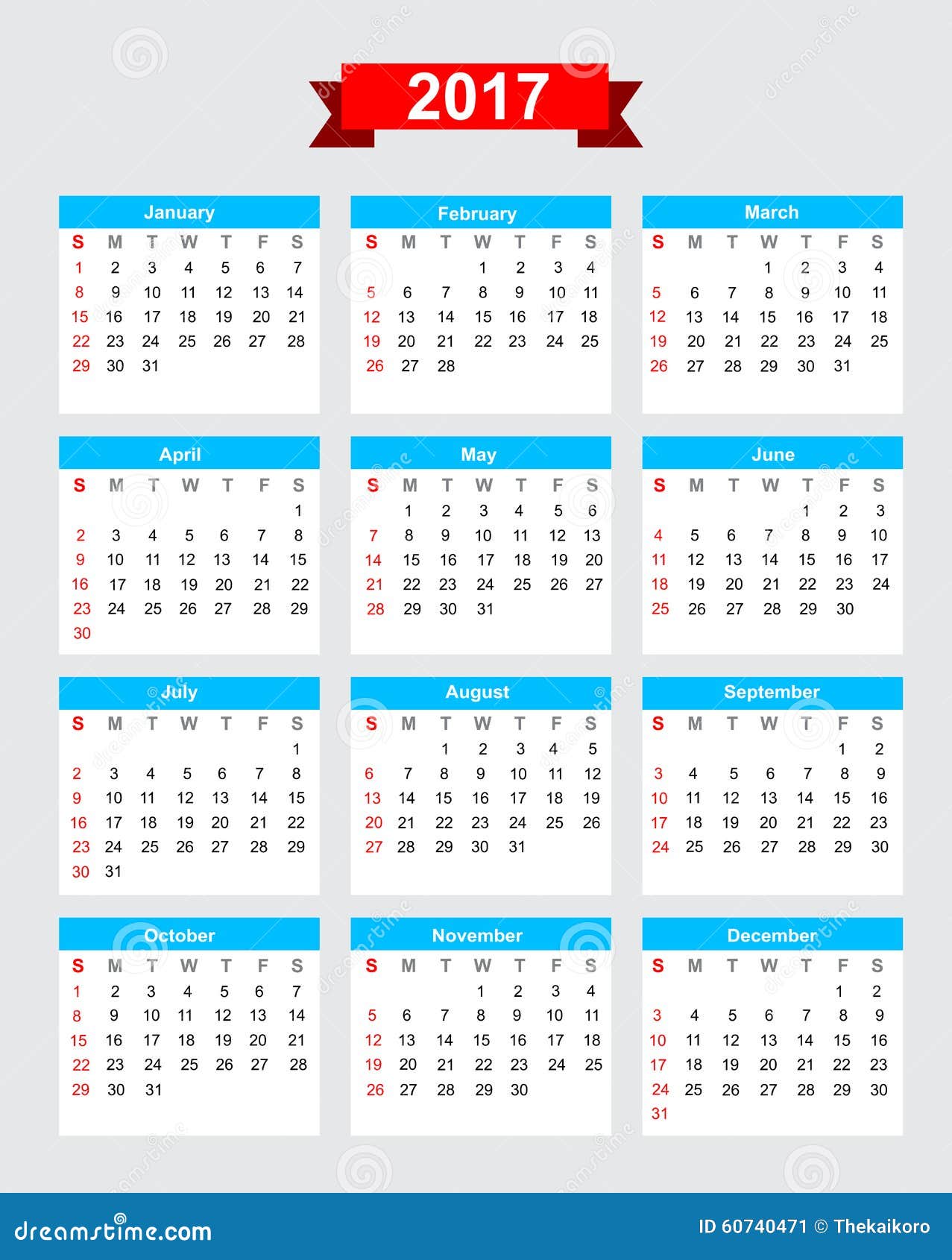 2017 Calendar Week Start Sunday Stock Vector - Illustration of template ...