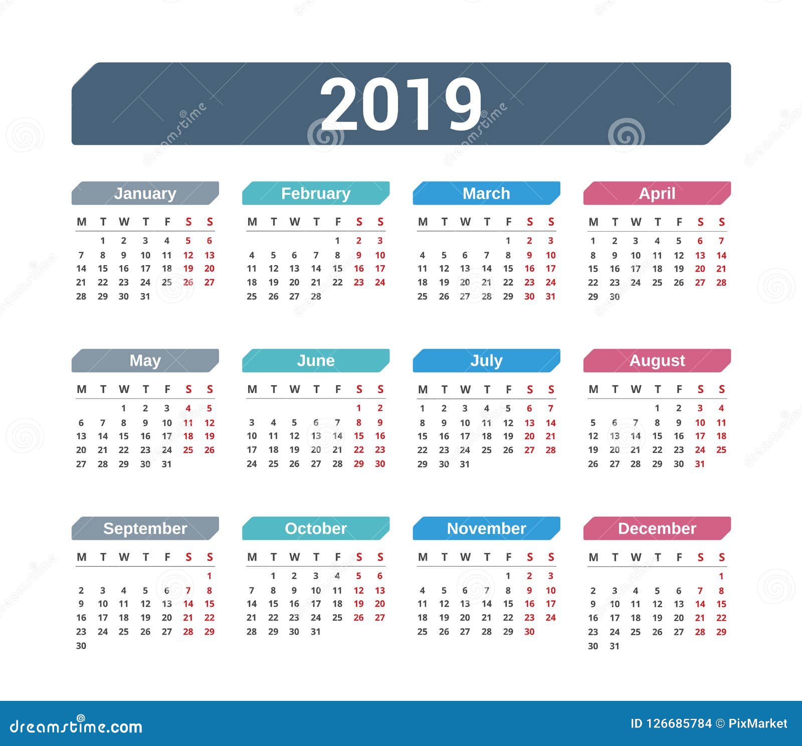 2019 Calendar stock vector. Illustration of website - 126685784