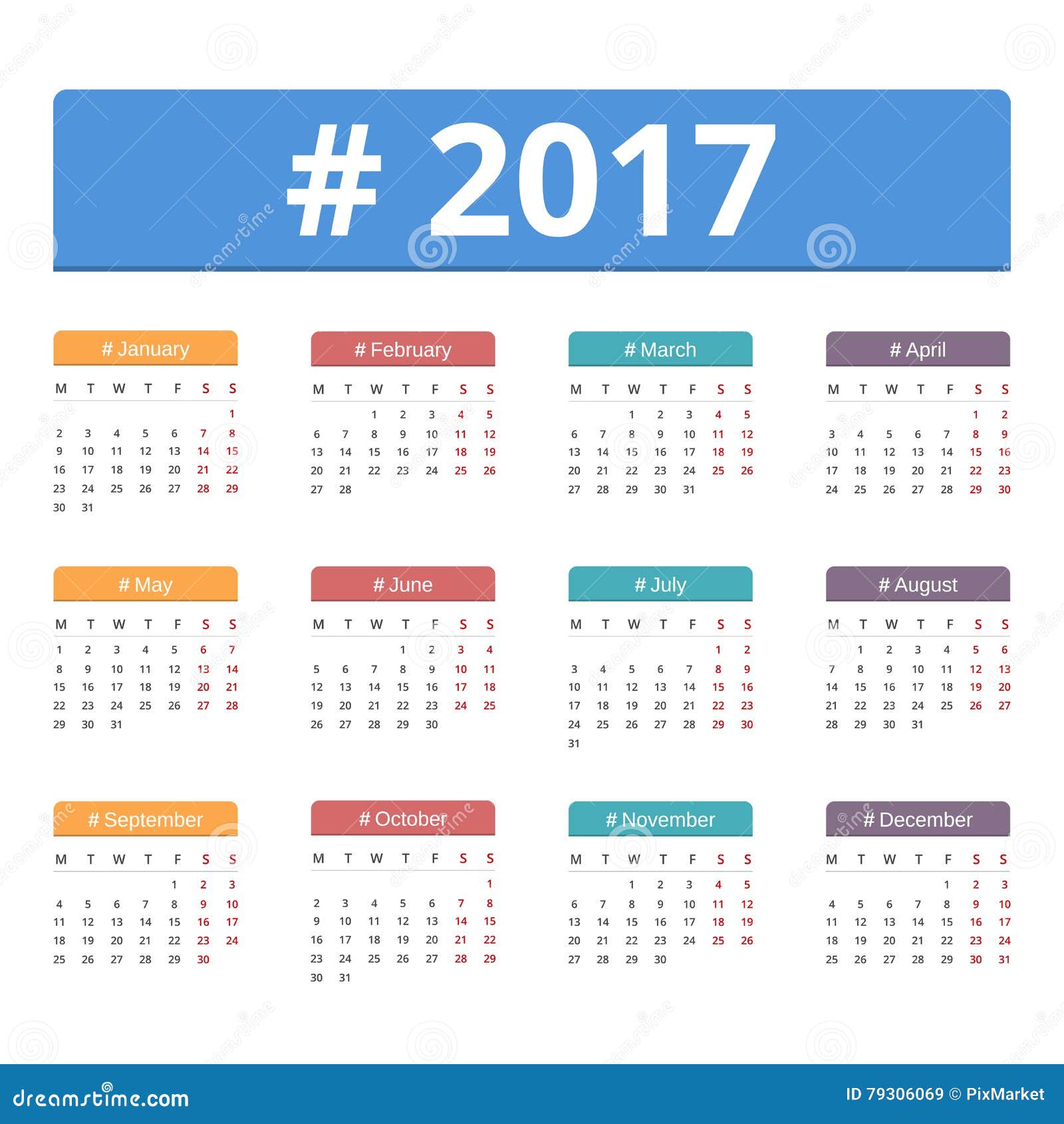 2017 Calendar stock vector. Illustration of vector, horizontal - 79306069