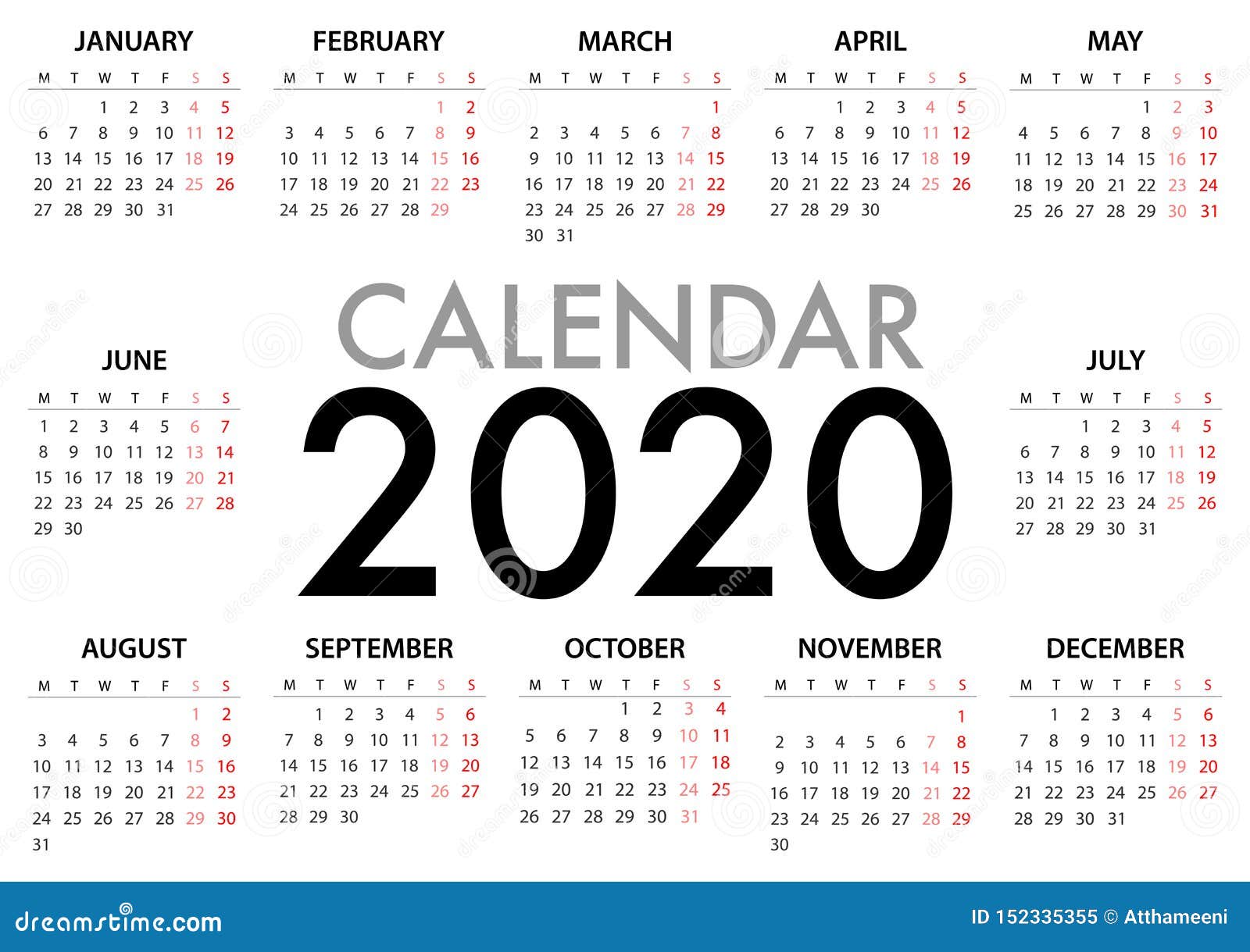 Calendar for 2020 Week Starts Monday. Simple Vector Template Stock ...