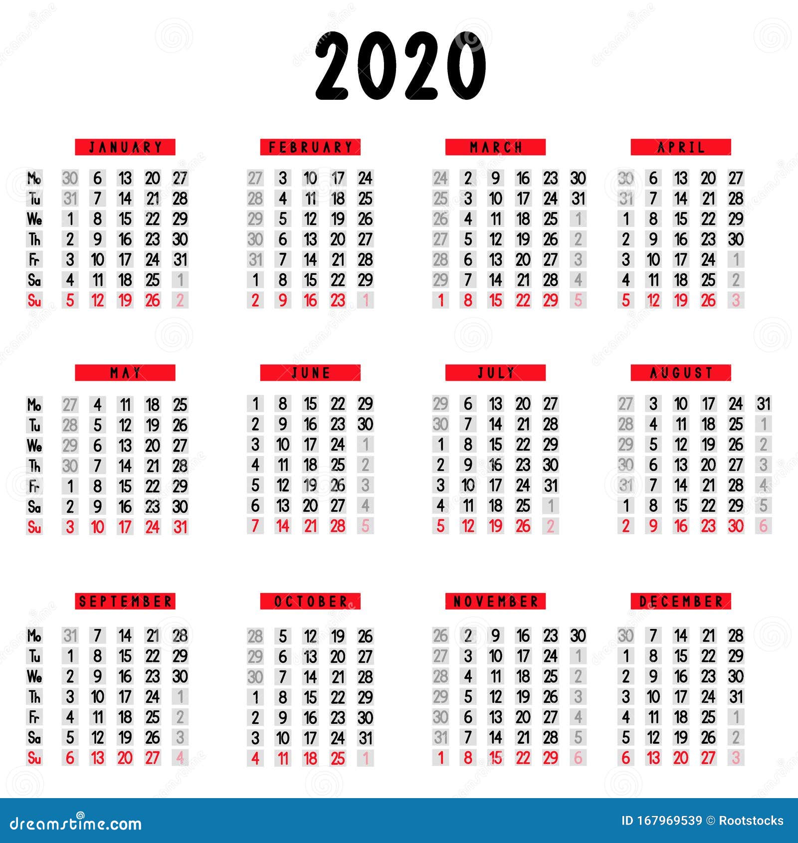 Calendar 2020 stock illustration. Illustration of calendar - 167969539