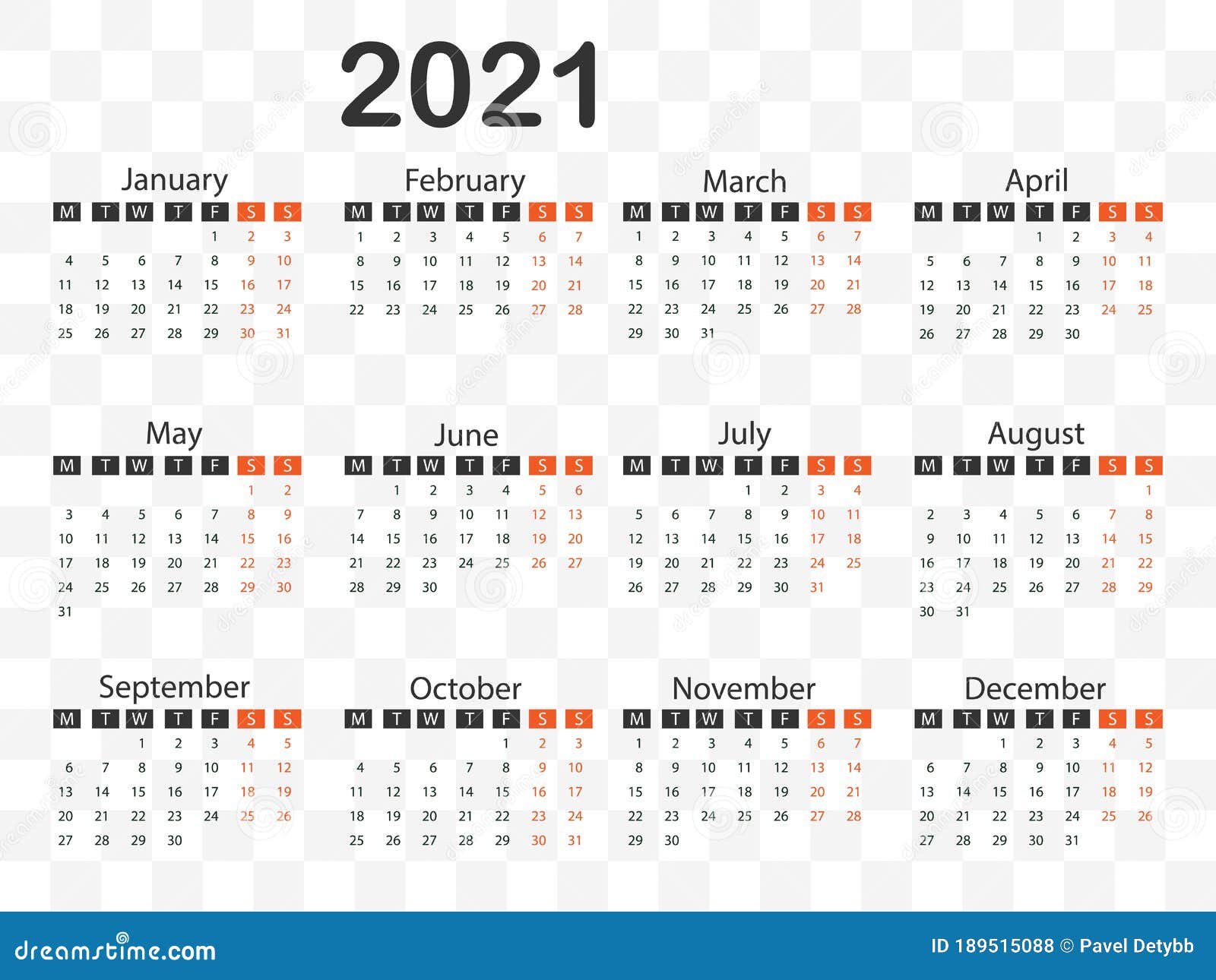 2021 Calendar, Week Starts Monday. Vector Illustration, Flat Design ...