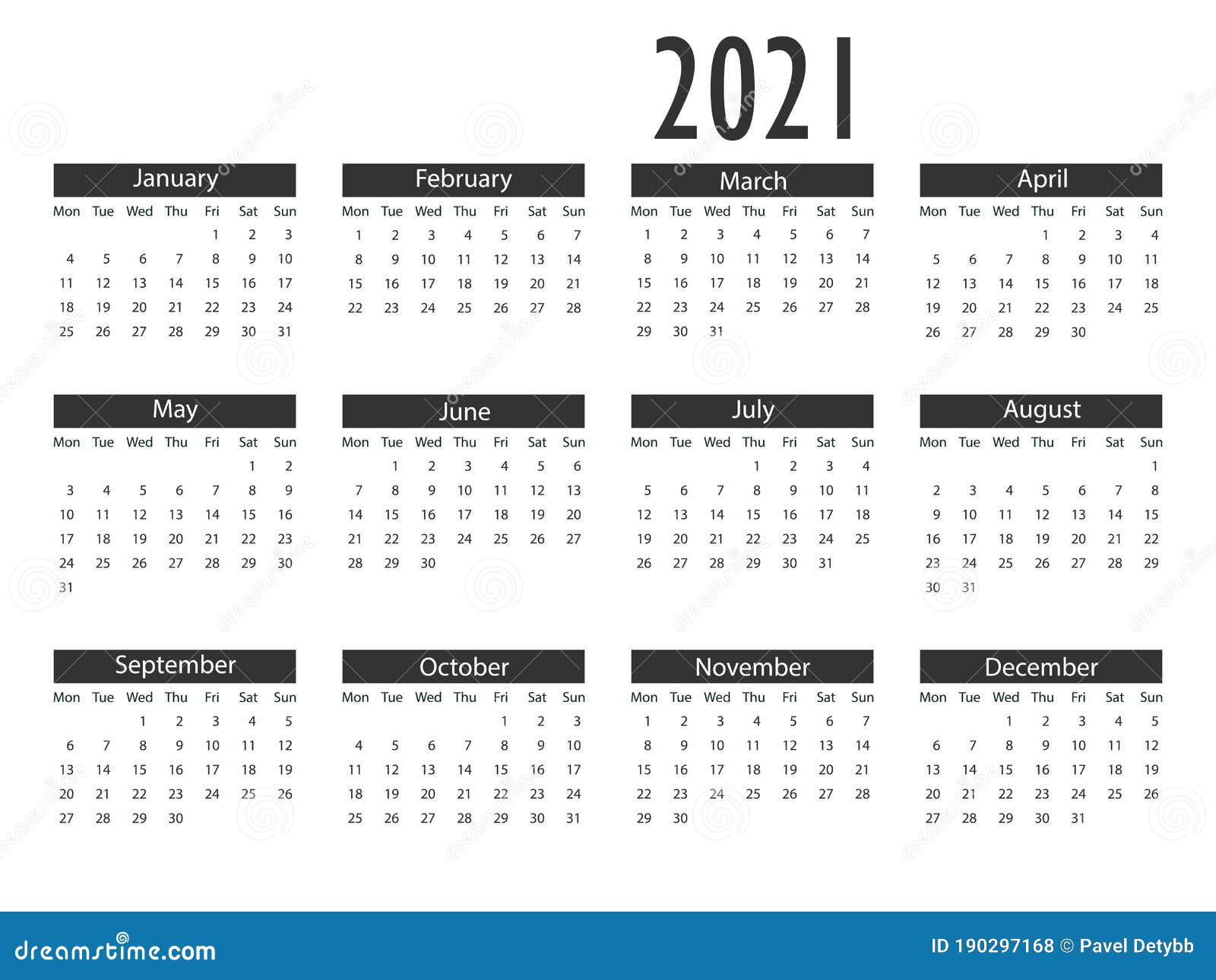 2021 Calendar, Week Starts Monday. Vector Illustration, Flat Design ...