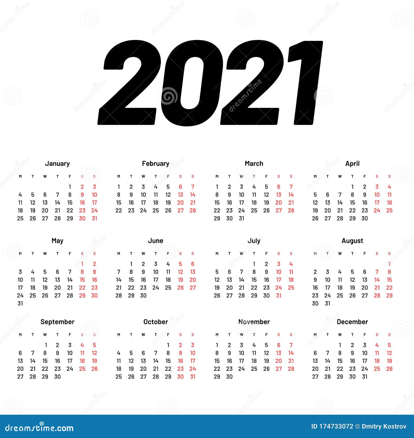 Calendar for 2021. Week Starts on Monday. Vector. Stock Vector ...