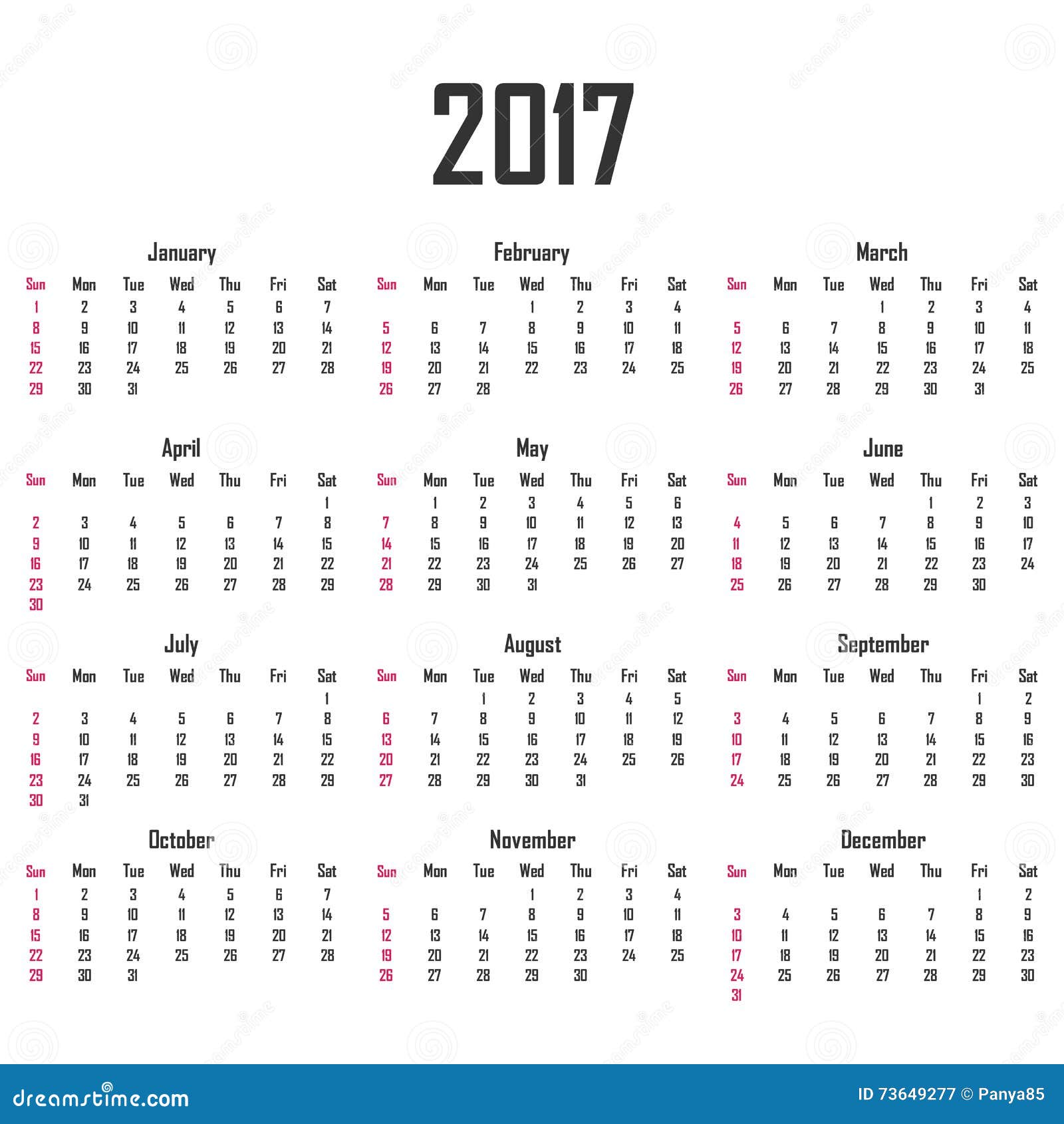 Calendar for 2017. Week Starts on Sunday. Stock Vector - Illustration ...
