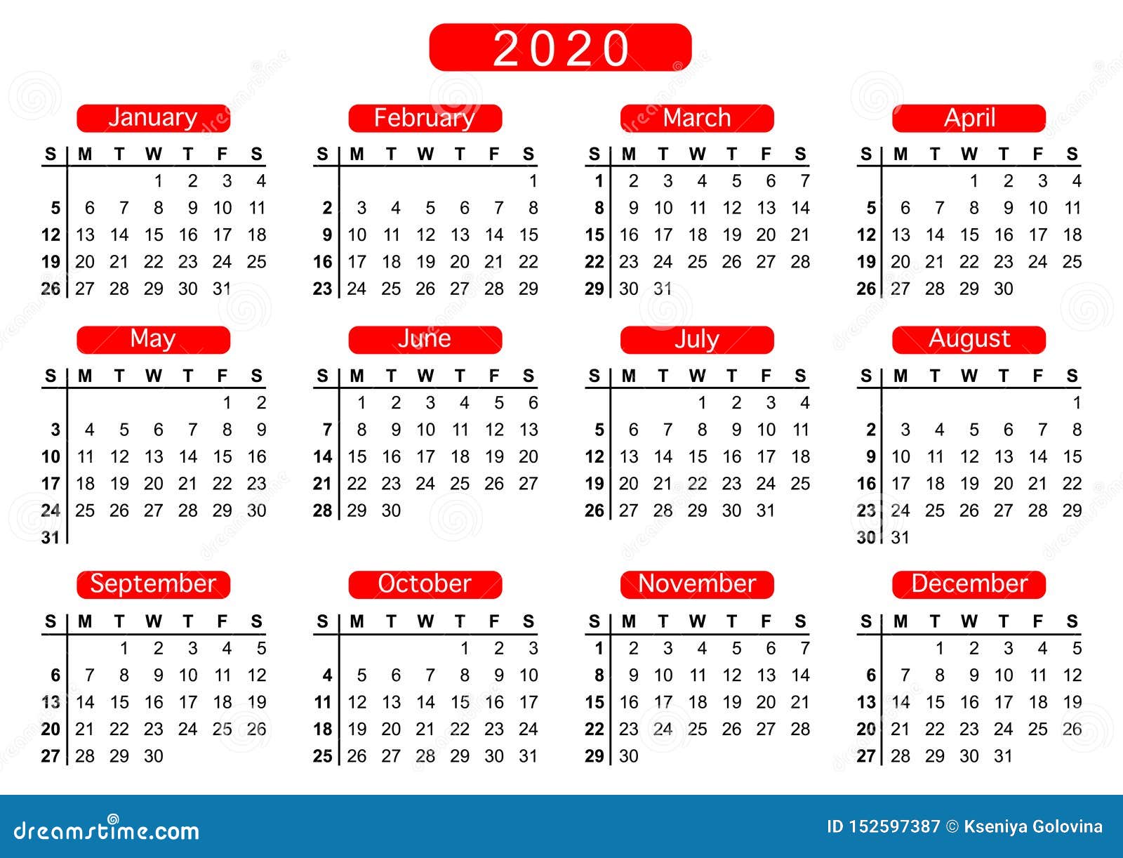 Calendar 2020, Week Starts on Sunday Stock Vector - Illustration of ...